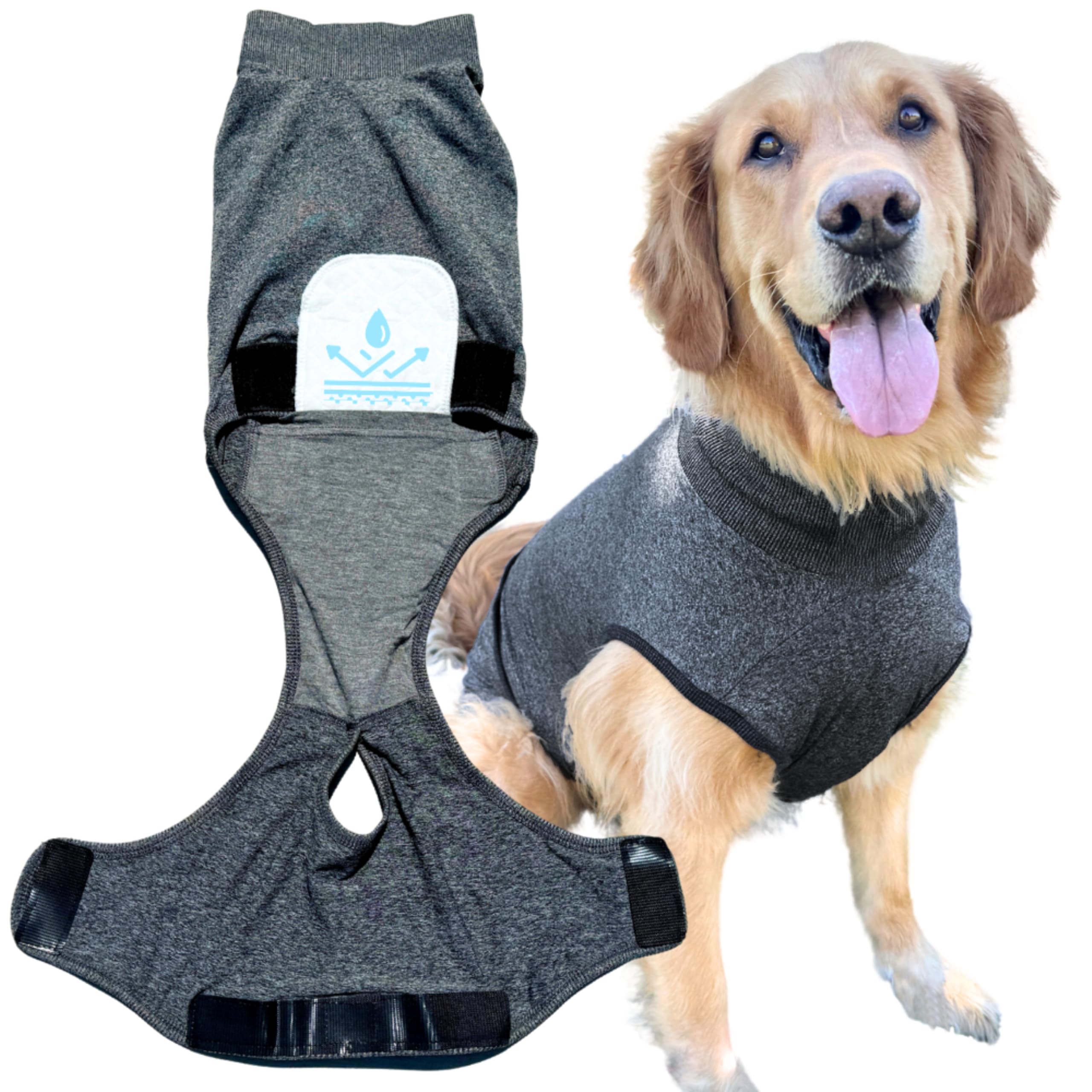 Dog Recovery Suit After Surgery - for Spay Neuter - with Washable Pads - Dog Onesie (Grey Large)