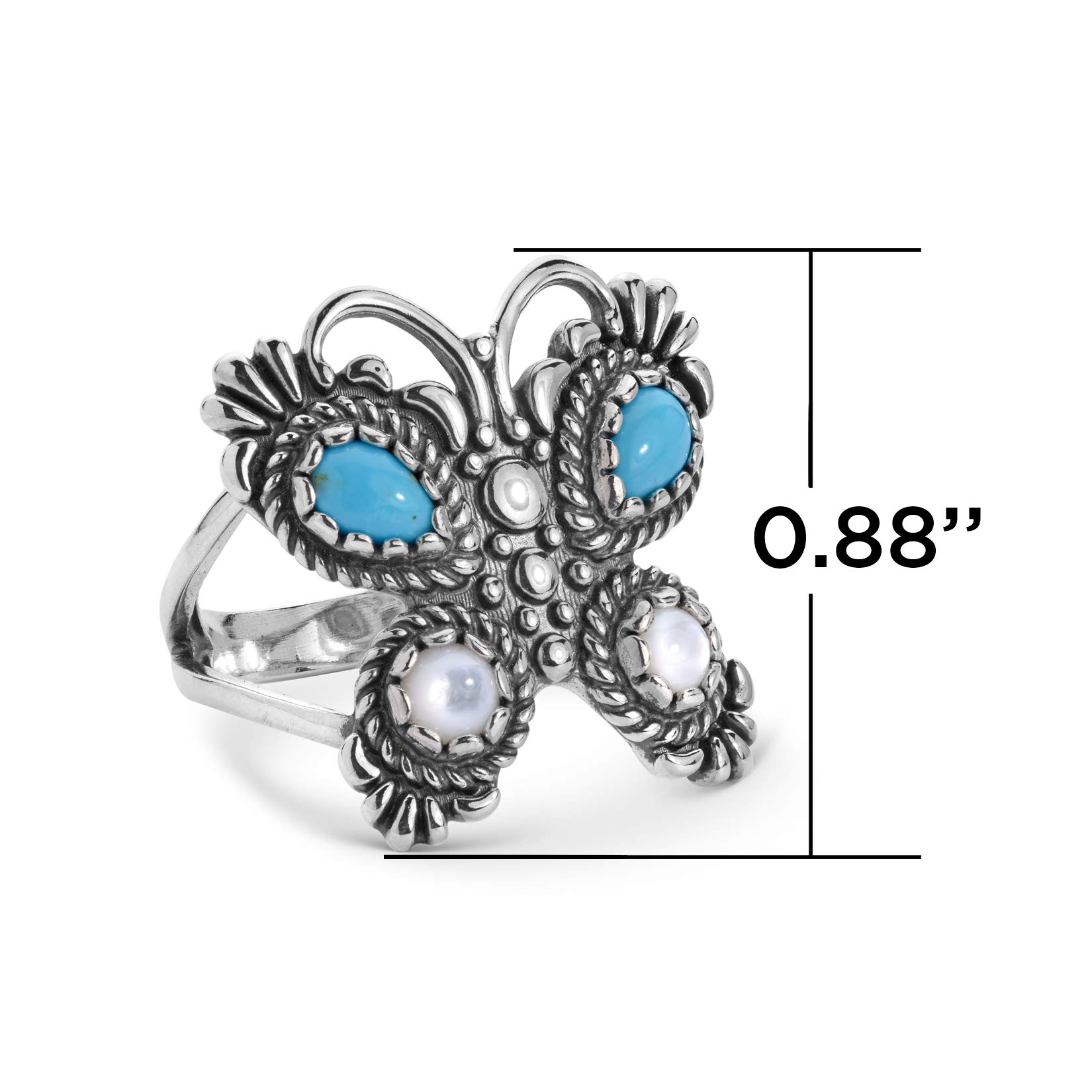 American West Sterling Silver Blue Turquoise and White Mother of Pearl Gemstone Butterfly Ring Size 06