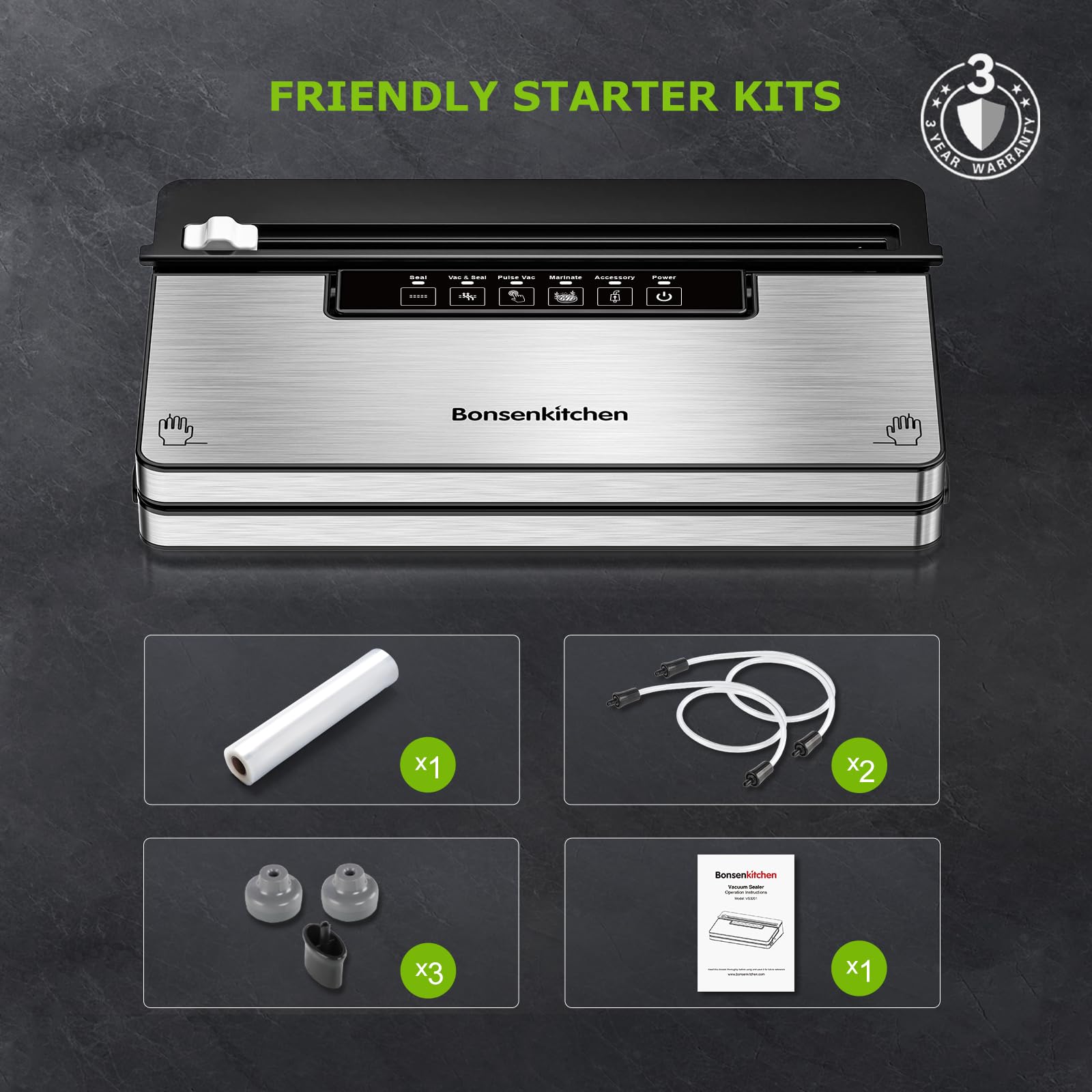 Bonsenkitchen Vacuum Sealer Machine, Powerful Food Sealer with 5 Modes, Built-in Cutter & Bag Storage,Globefish Technology for High-Speed Continuous Working, Include 1 Bag Roll, Stainless Steel