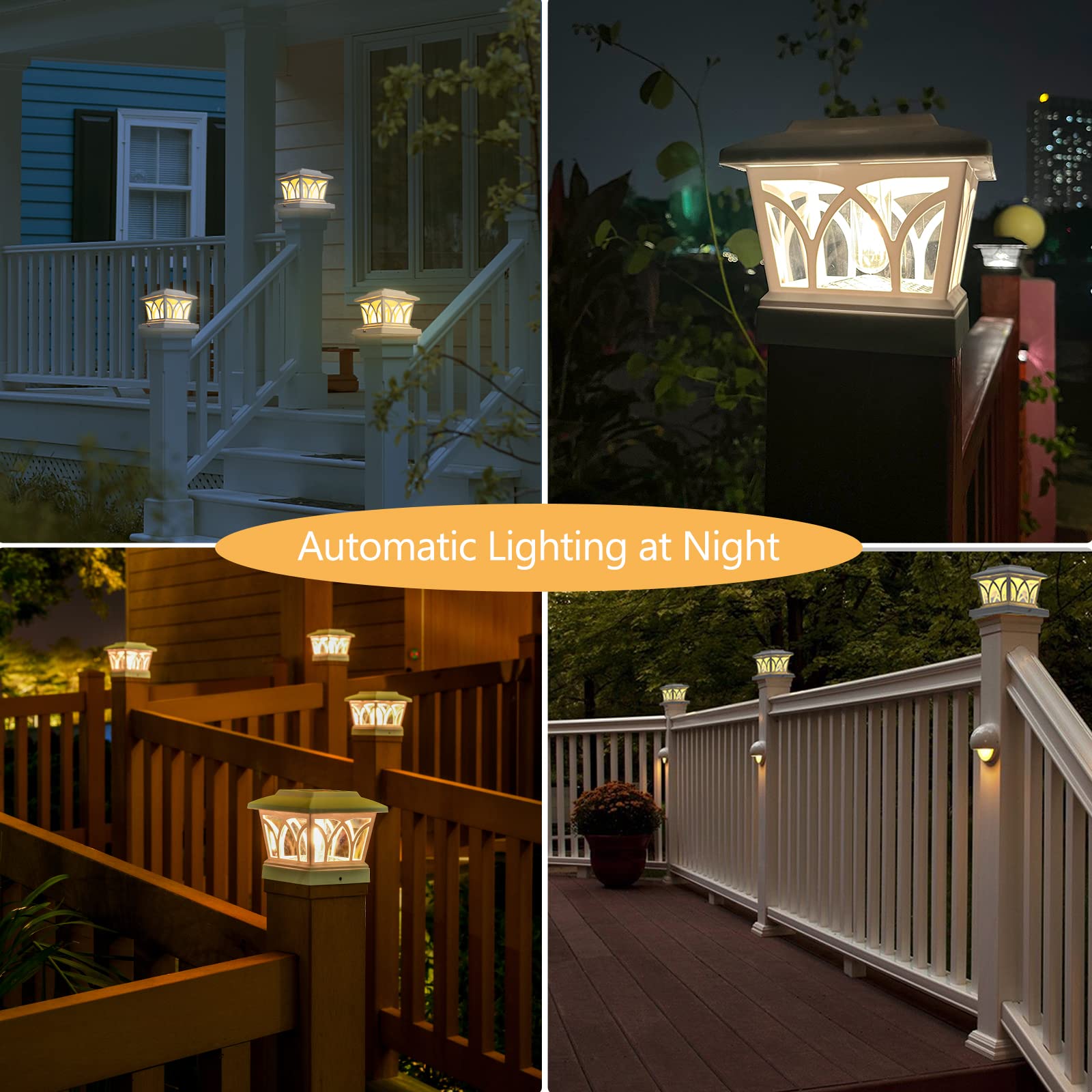 APONUO Solar Post Cap Lights Filament 1000mAh,4x4 Post Solar Lights 2 Brightness Levels 8/16LM Waterproof Solar Fence Post Lights for 4x4,6x6 Posts Caps Wood,4x4 Vinly Post Caps,White,4 Pack