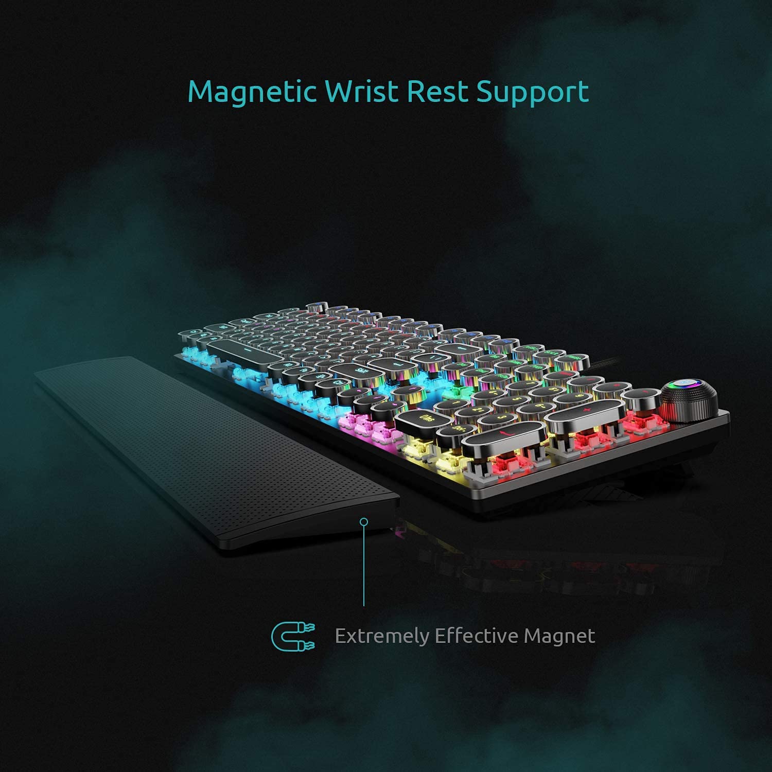 AULA L2058 LED Backlit Mechanical Gaming Keyboard, Retro Steampunk Round Keys, Brown Switches, Magnetic Wrist Rest, Media Control Knob Buttons