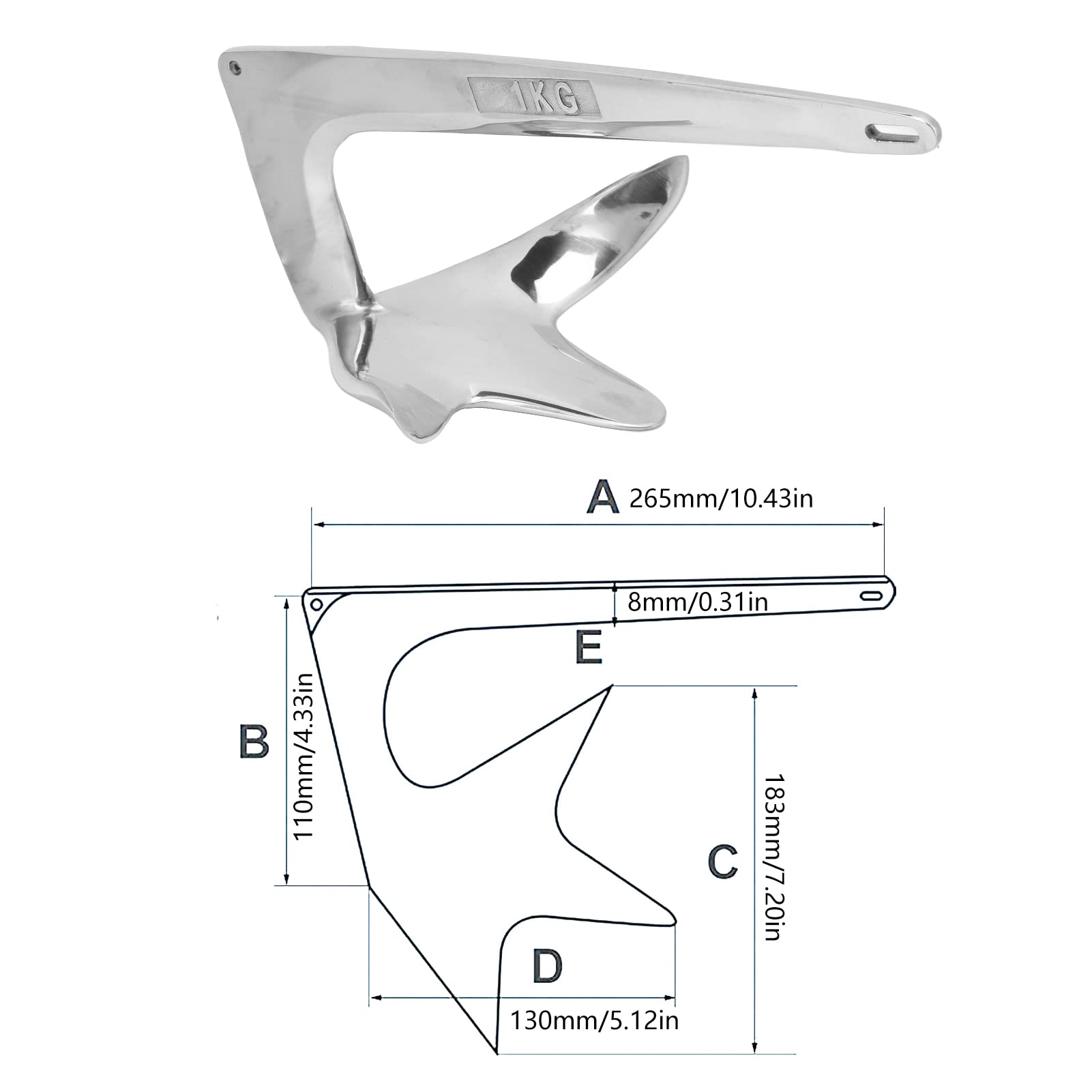 Aramox Boat Anchor, 1kg/2.2lb Claw Boat Anchor Heavy Duty 316 Stainless Steel Anchor Mirror Polish Marine Accessories