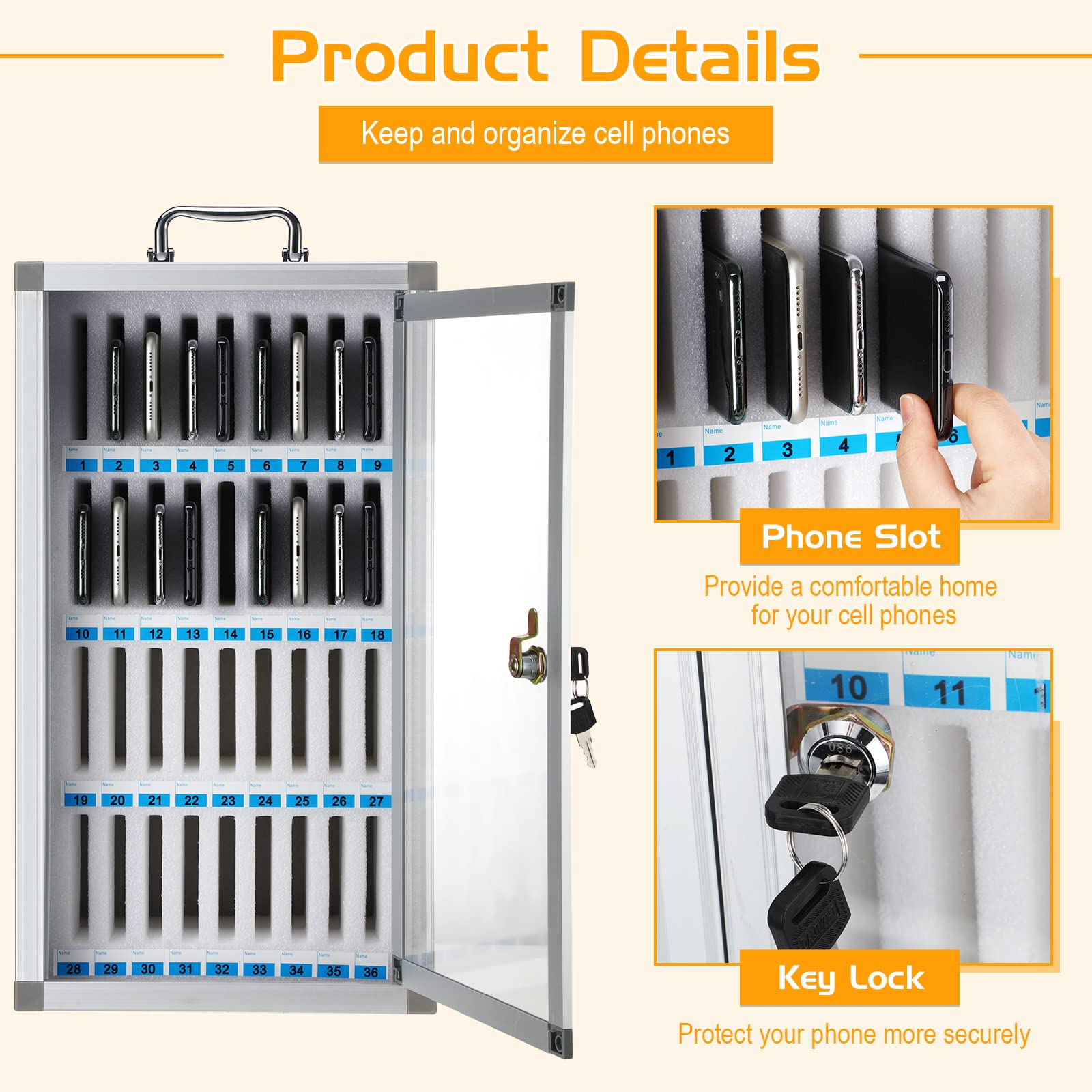 Amylove Cell Phone Locker Cabinet Aluminum Alloy Pocket Chart Storage Locker Box Cabinet Wall-Mounted Cell Phones Storage Cabinet Cell Phones Locker Box with Handle for Office Classroom Gym (36 Slots)