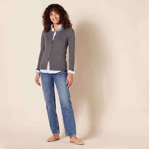 Amazon Essentials Women's Lightweight Crewneck Cardigan Sweater (Available in Plus Size), Charcoal Heather, Medium