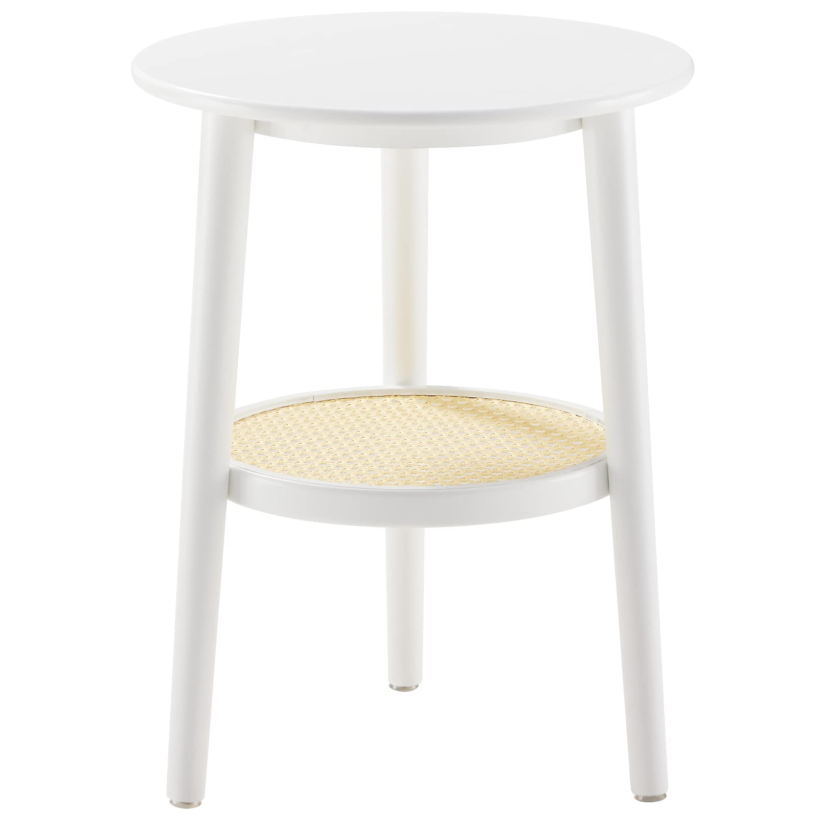 Apicizon 2 Tier Round Side Table, White Rattan Nightstand Bedside Table with Storage, Boho End Table for Living Room, Bedroom, Small Spaces, Easy Assembly, 15 x 19.3 Inches