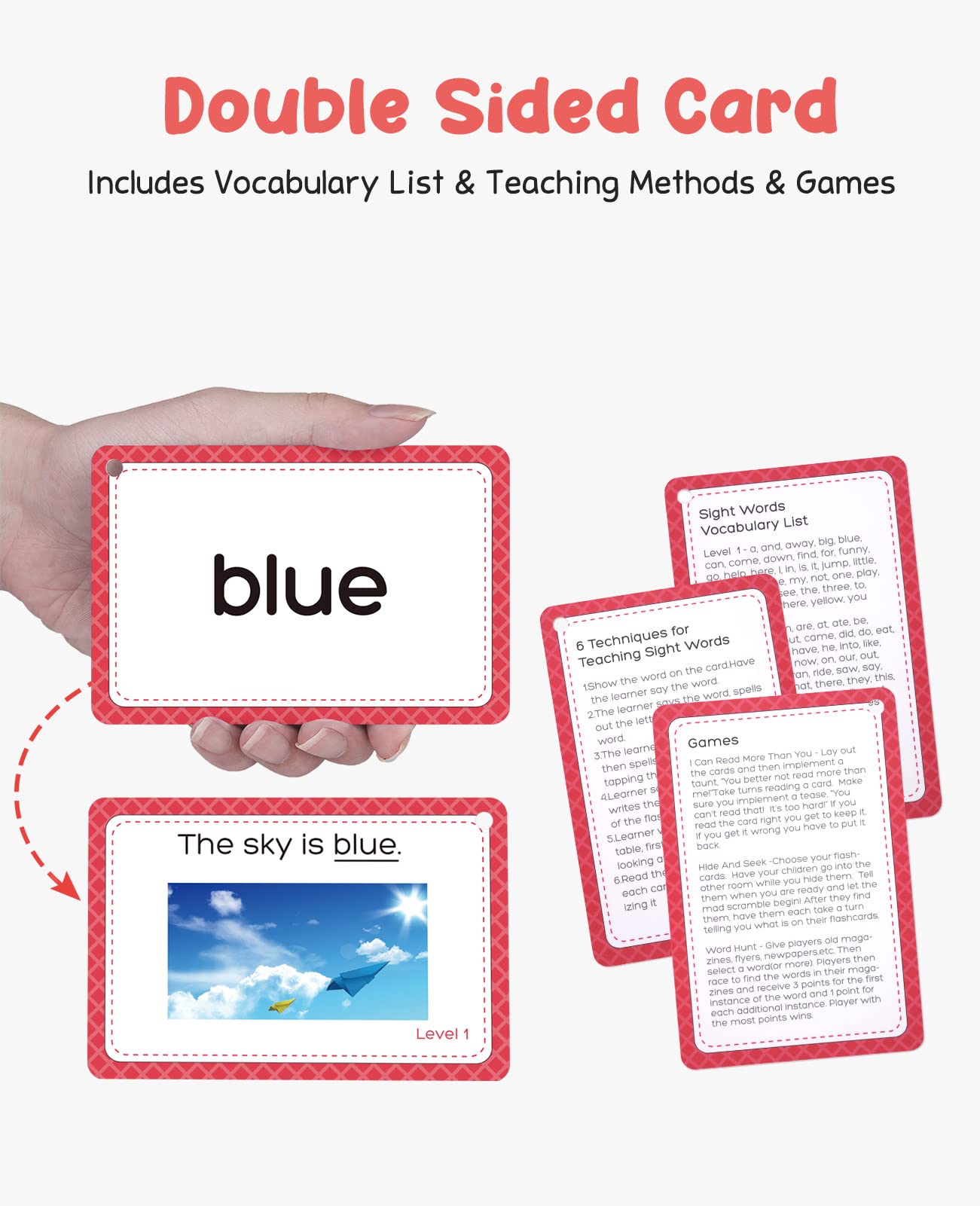 GAMENOTE Sight Words Kids Educational Flash Cards with Pictures & Sentences - 220 Dolch Big Word Games for Toddlers, Aged 3-9 Preschool Learning Activities(Pre K), Kindergarten, 1st, 2nd, 3rd Grade
