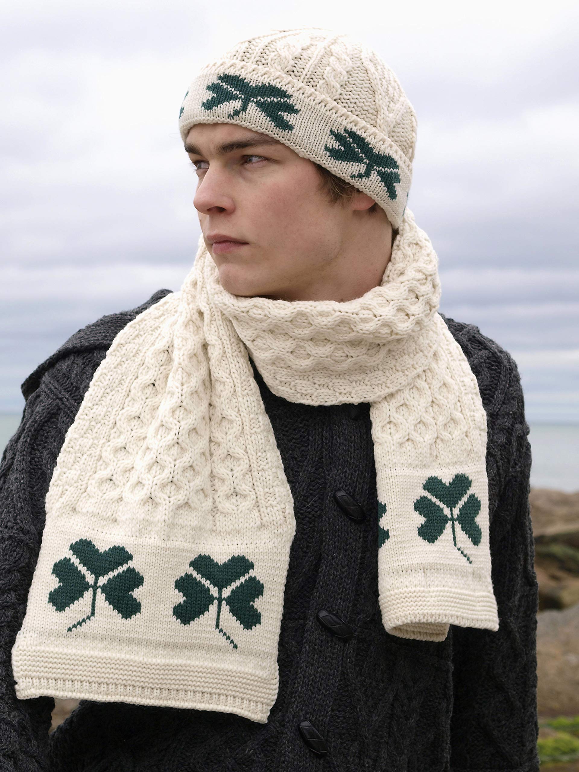 Aran Crafts Irish Shamrock Soft Cable Knitted Scarf 9"x60" (100% Merino Wool)
