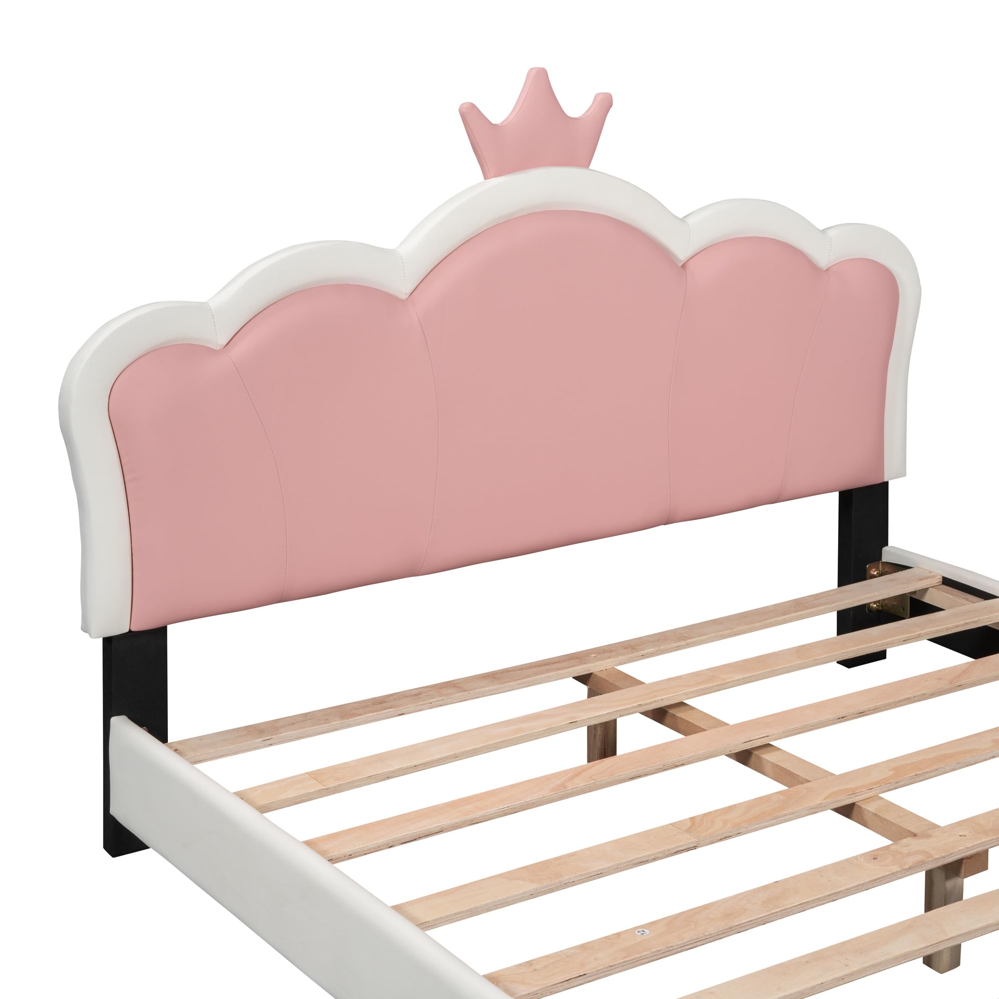 Ball & Cast Full Size Upholstered Platform Bed with Crown Headboard,Princess Bed W/Footboard,Wood Slats Support,for Bedroom Apartmrnt Guest Room,White+Pink