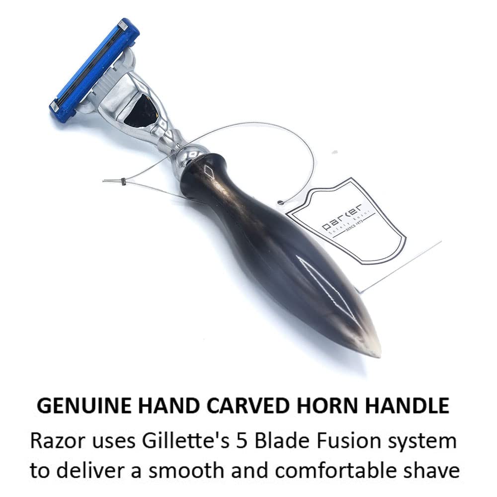 Parker Safety Razor, Hand Carved Genuine Ox Horn Handle Fusion Compatible Razor