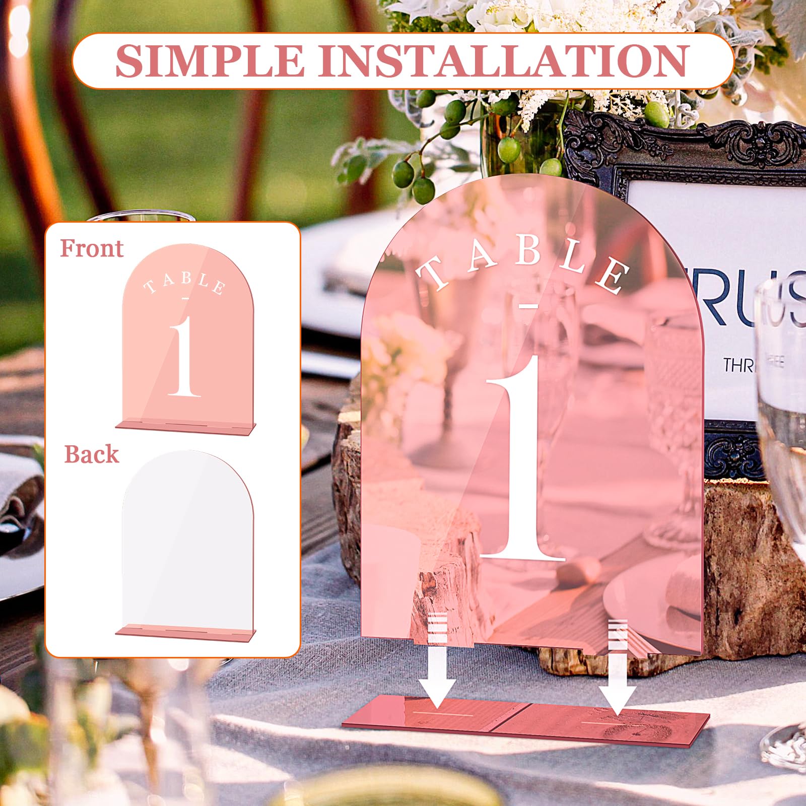 Wedding Table Numbers, 1-15 Mirror Arch Table Numbers with Stands, 5"x7" Table Number Signs and Holders Perfect for Wedding Reception, Event, Party, Restaurant (Arch Rosegold)