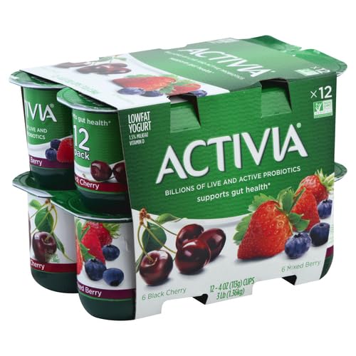 Activia Black Cherry and Mixed Berry Probiotic Yogurt, Delicious Lowfat Yogurt Cups to Help Support Gut Health, 12 Ct, 4 OZ
