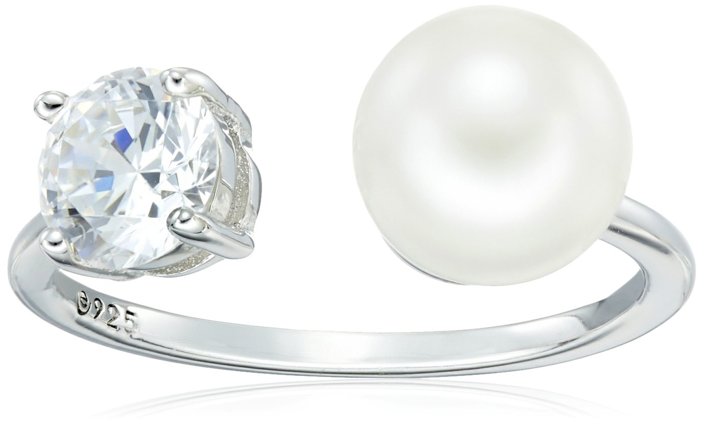 Amazon Essentials Platinum-Plated Sterling Silver Infinite Elements Cubic Zirconia Freshwater Cultured White Pearl Ring, Size 7 (previously Amazon Collection)