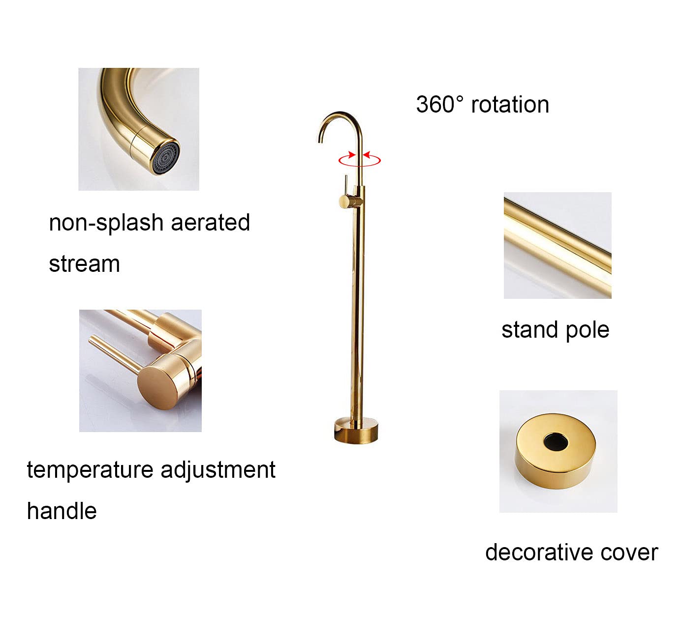 Akitbahome Freestanding Bathtub Faucet Tub Filler Faucet in Plating Gold,Floor Mount Single Handle Bathroom Shower