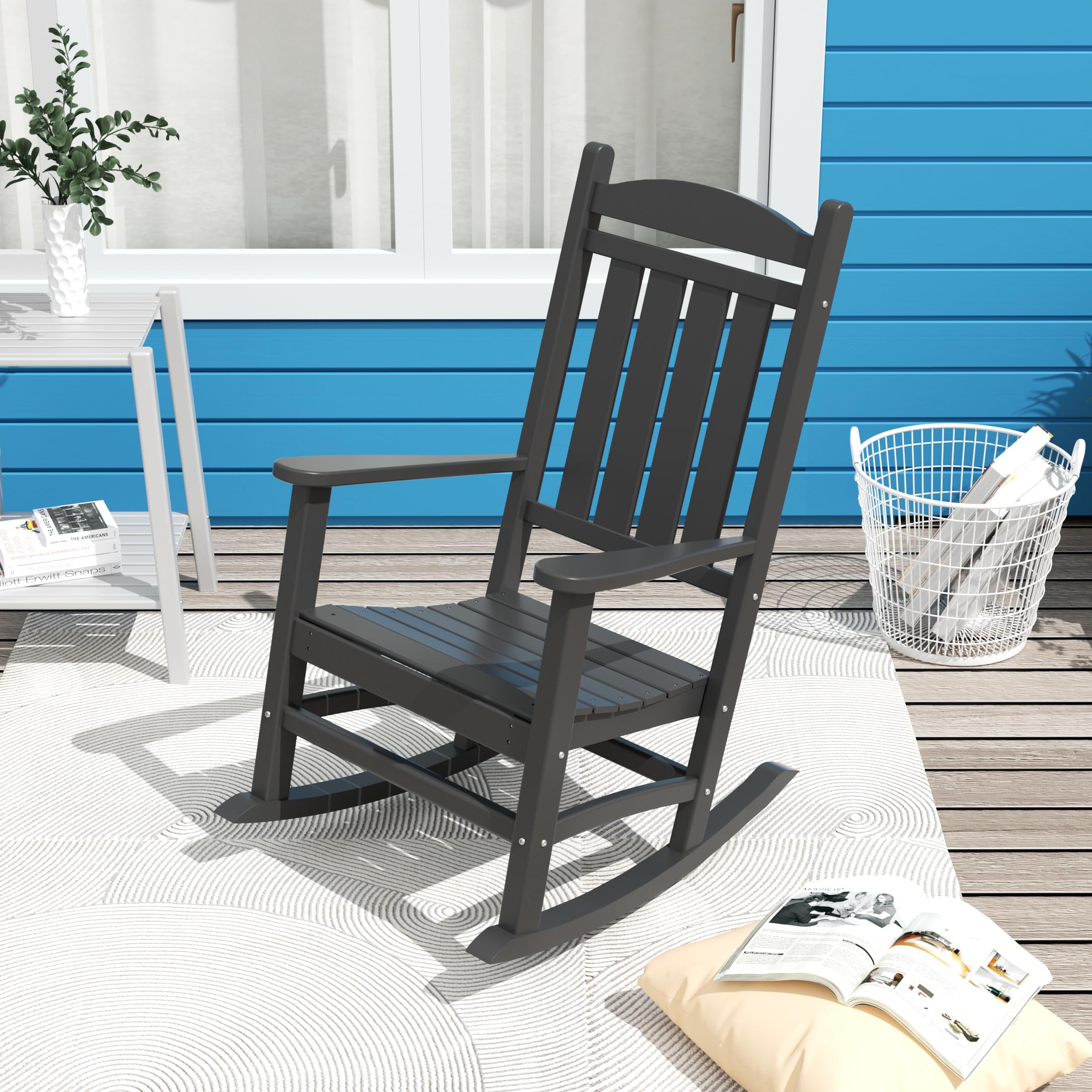 Costaelm Paradise Classic Adirondack Plastic Outdoor Porch Furniture Rocking Chair High Back HDPE Poly Lumber, Gray