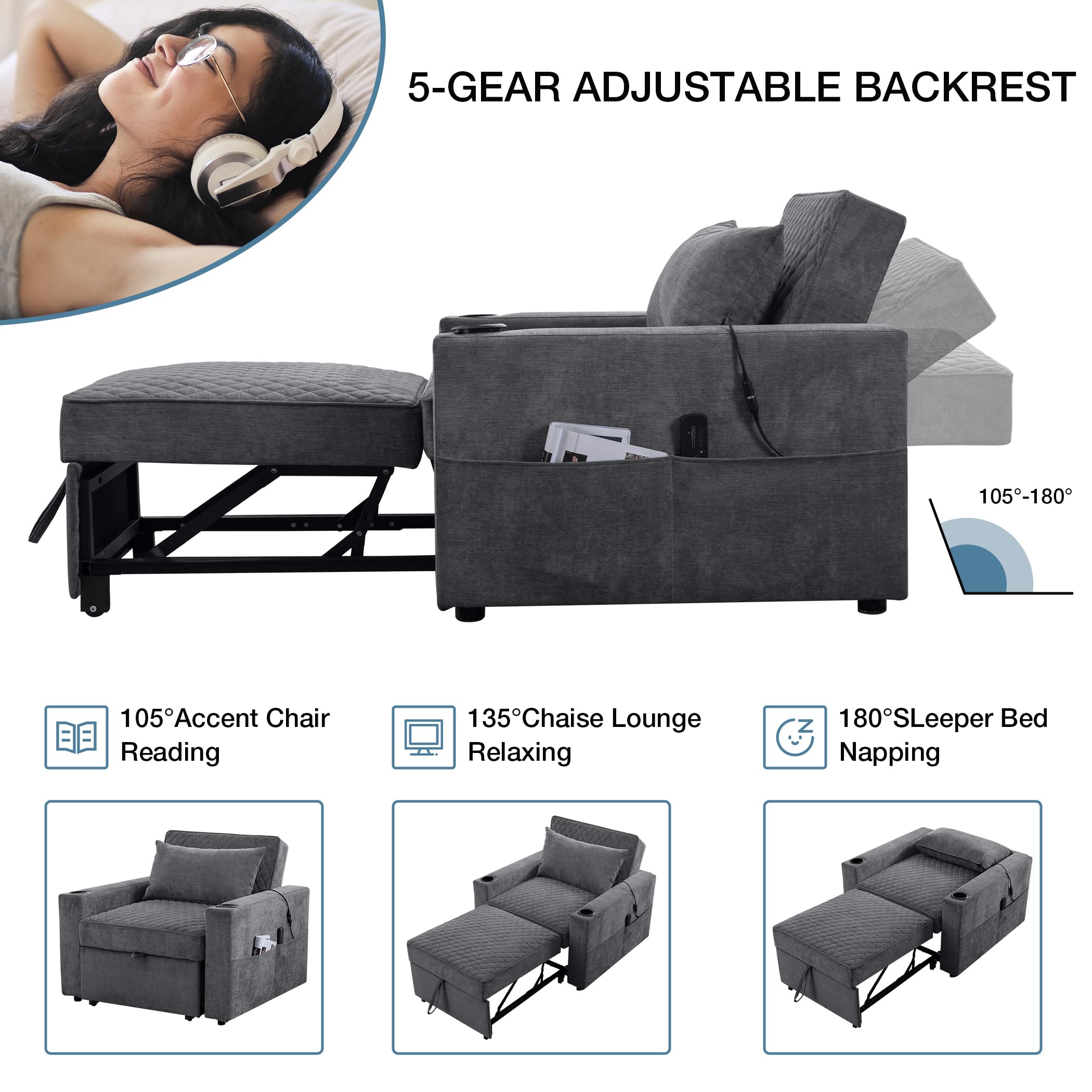 Centilab Sleeper Chair, 3 in 1 Convertible Chair Sleeper with Massage and Heat Pillow, Adjustable Recliner Chair Multi-Functional Massage Chair Recliner for Drawing Room,Bedroom, Office (Grey)