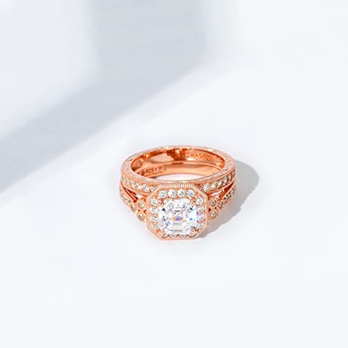 Amazon Essentials Rose Gold Plated Sterling Silver Infinite Elements Cubic Zirconia Asscher Antique Wedding Ring Set, Size 9 (previously Amazon Collection)
