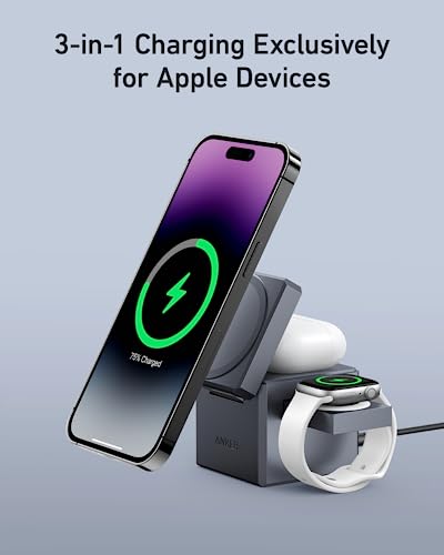 Anker MagSafe Charger Stand,Anker 3-in-1 Cube with MagSafe, 15W Max Fast Charging Stand, Foldable Wireless Charger for iPhone 15/14/13, Apple Watch S1-8/Ultra, AirPods (30W USB-C Charger Included)