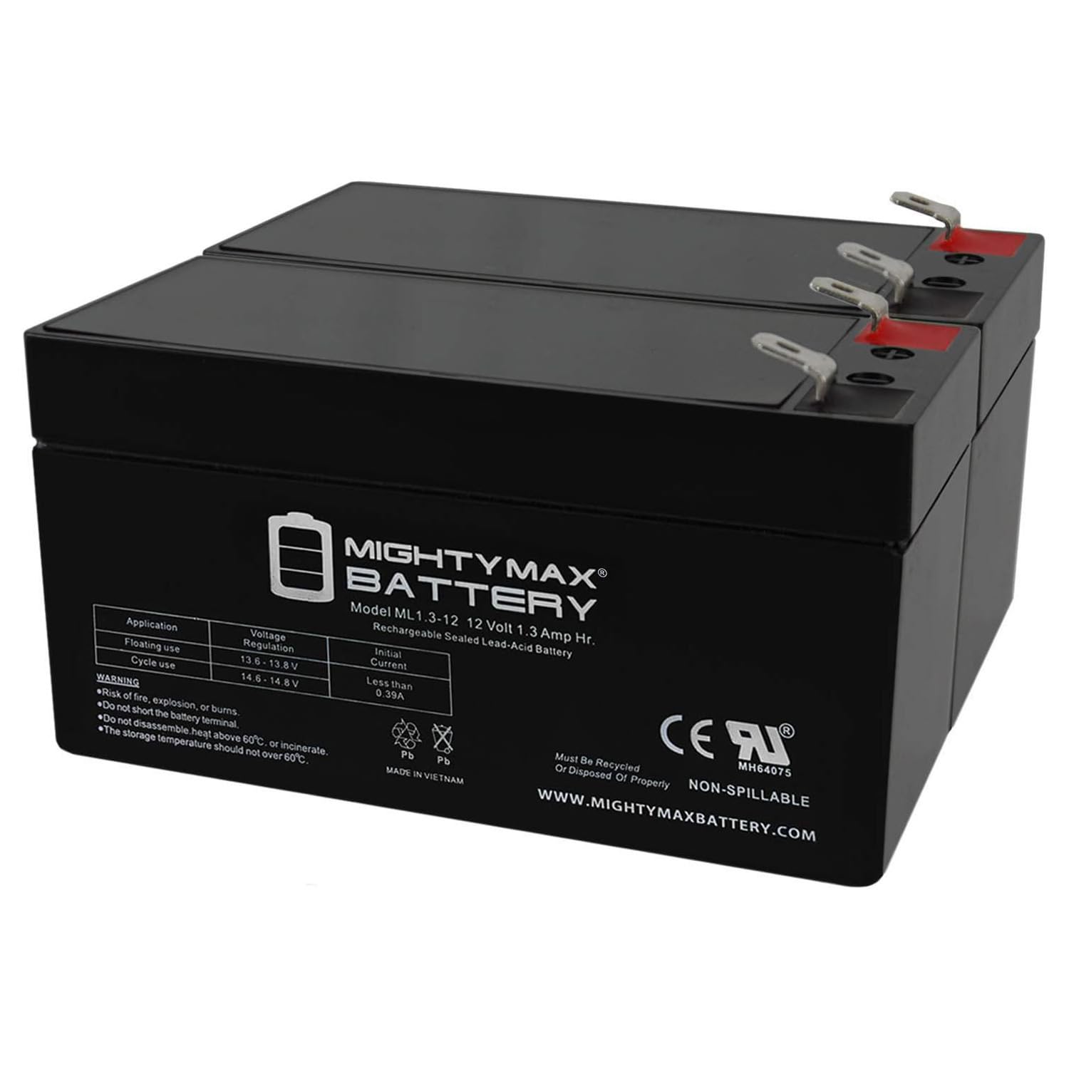 Mighty Max Battery ML1.3-12 - 12 Volt 1.3 AH SLA Battery - Pack of 2