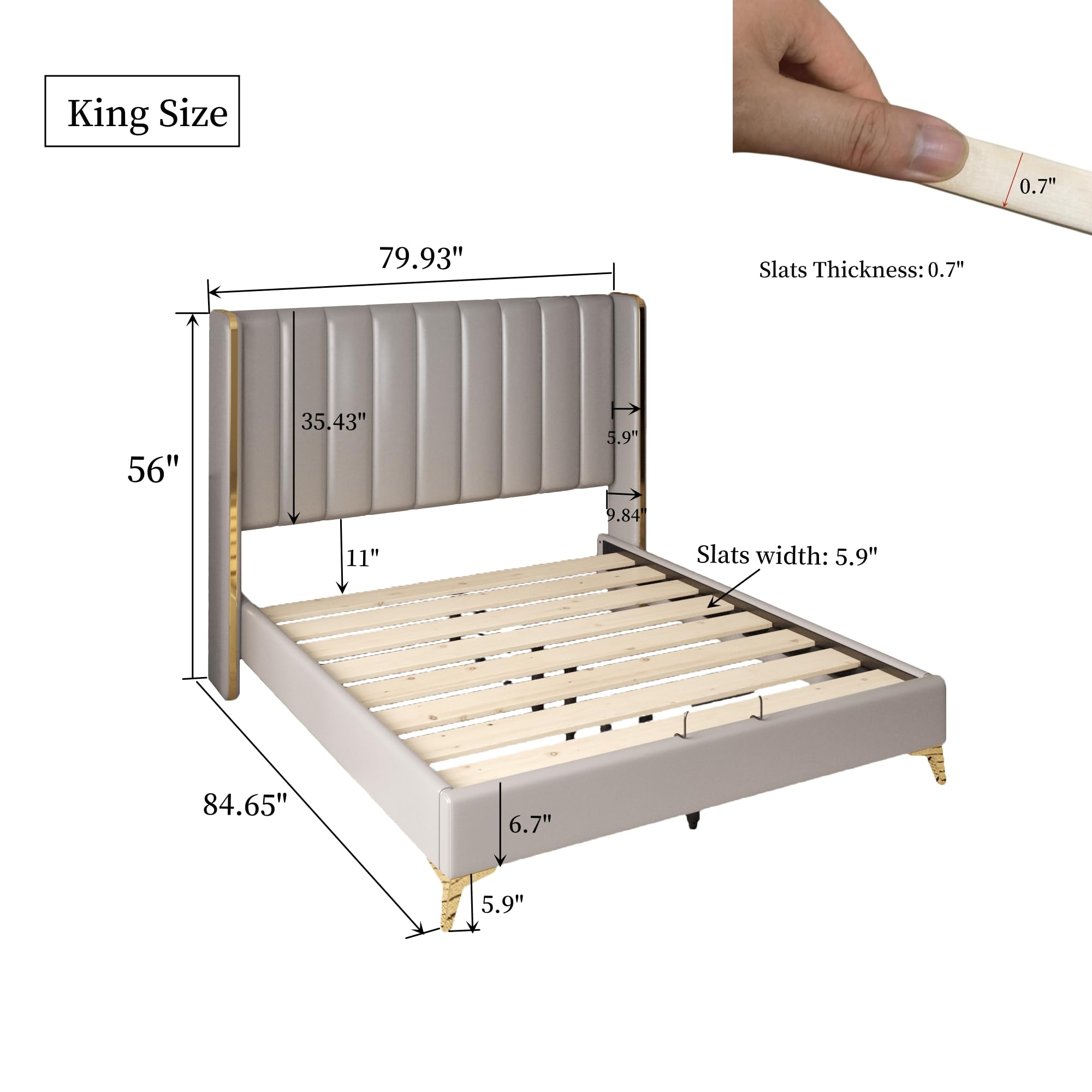 APRILSOUL King Size Channel Tufted Upholstered Platform PU Leather Bed Frame with 56“ Tall Headboard & Thickening Pinewooden Slats and Metal Leg,No Box Spring, for Bedroom,Light Gray