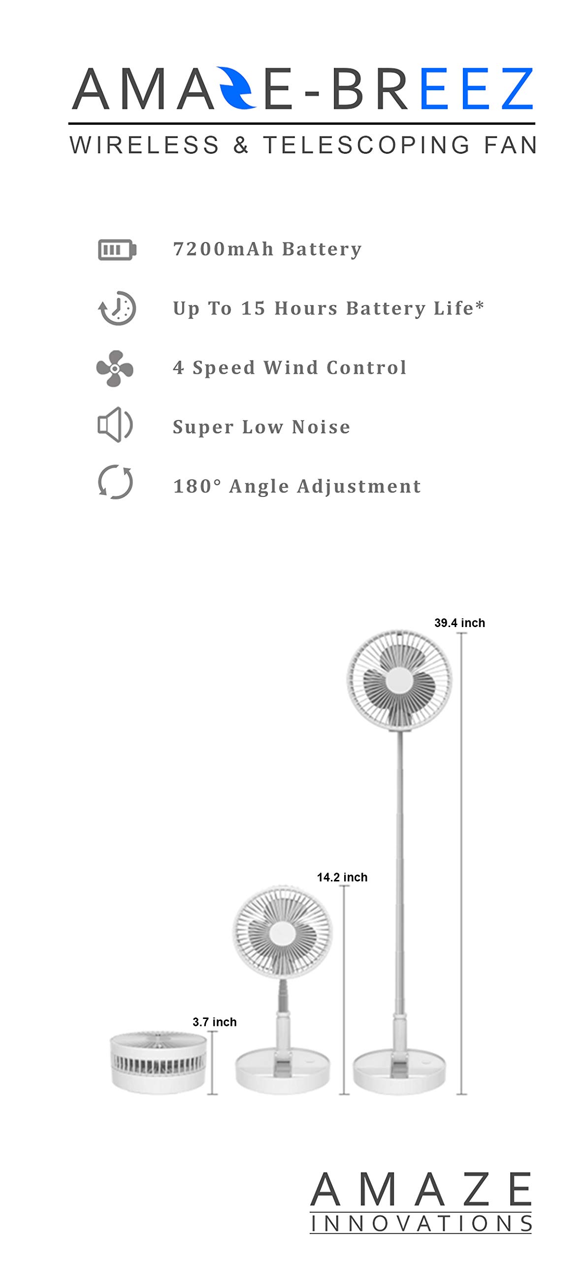 Amaze Innovations - Foldable, Portable, Telescoping, Adjustable Re-Chargeable Multi Speed Mini Travel, Desk and Table Fan