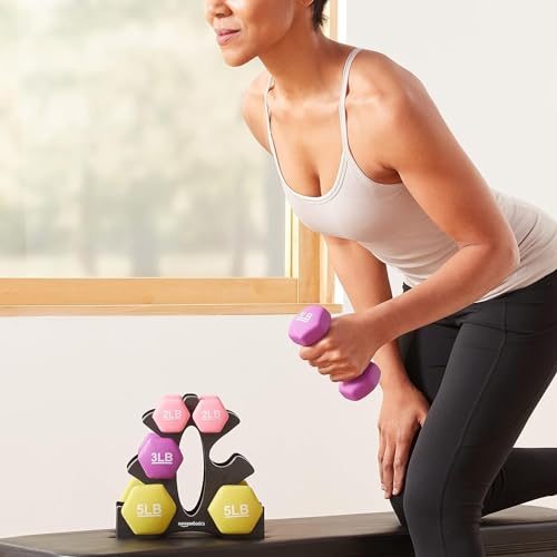 Amazon Basics Neoprene Coated Hexagon Workout Dumbbell Hand Weight, Rack with 2, 3, and 5 pound, Set of 3, Total 20 lb, Pink/Purple/Green