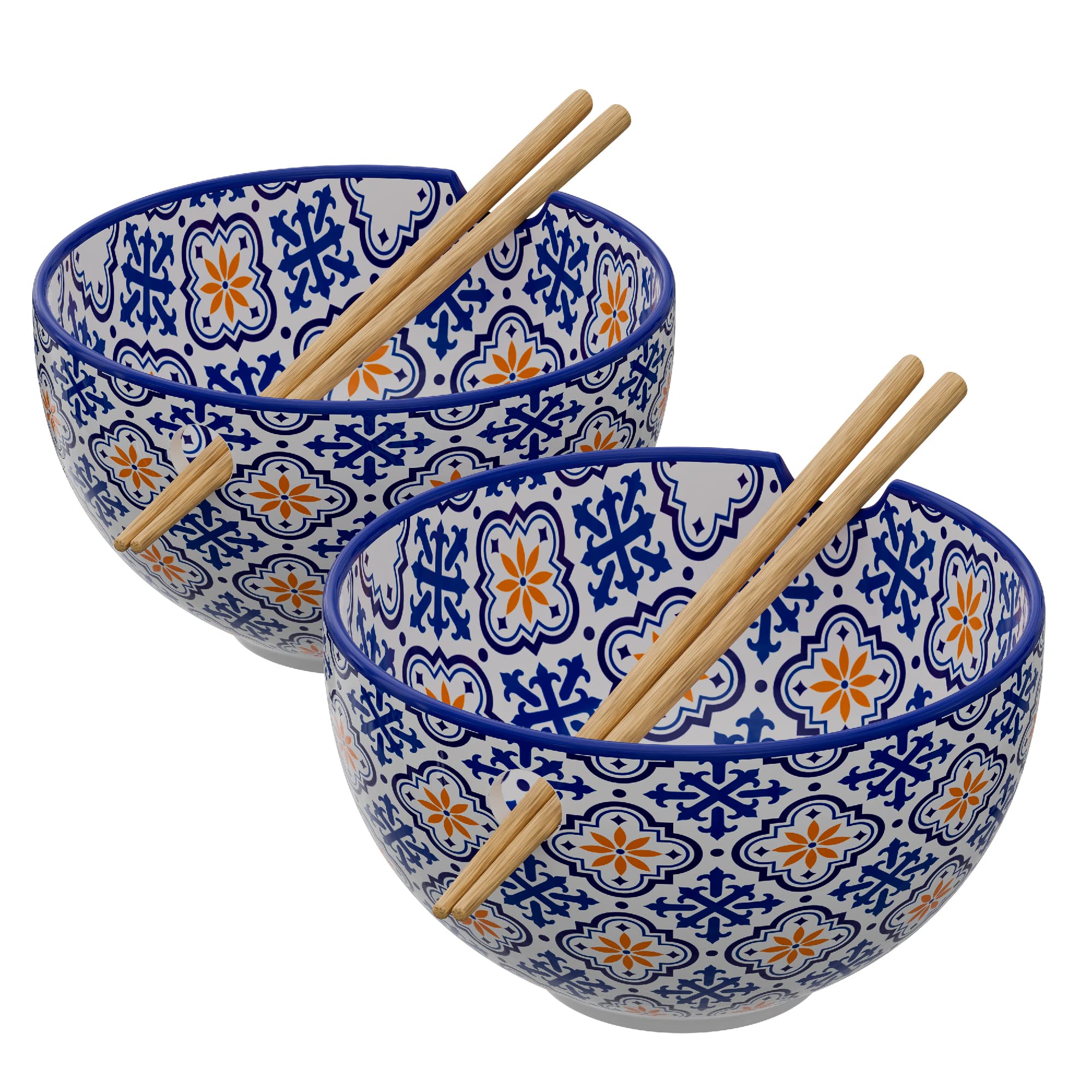 American Atelier Ramen Bowl with Chopsticks | Set of 2 | Soup Bowls for Kitchen | Udon Noodle Bowls with Chopsticks | Stoneware Soup Bowl | 6" Diameter (21 Oz) - Medallion Blue & Orange Design