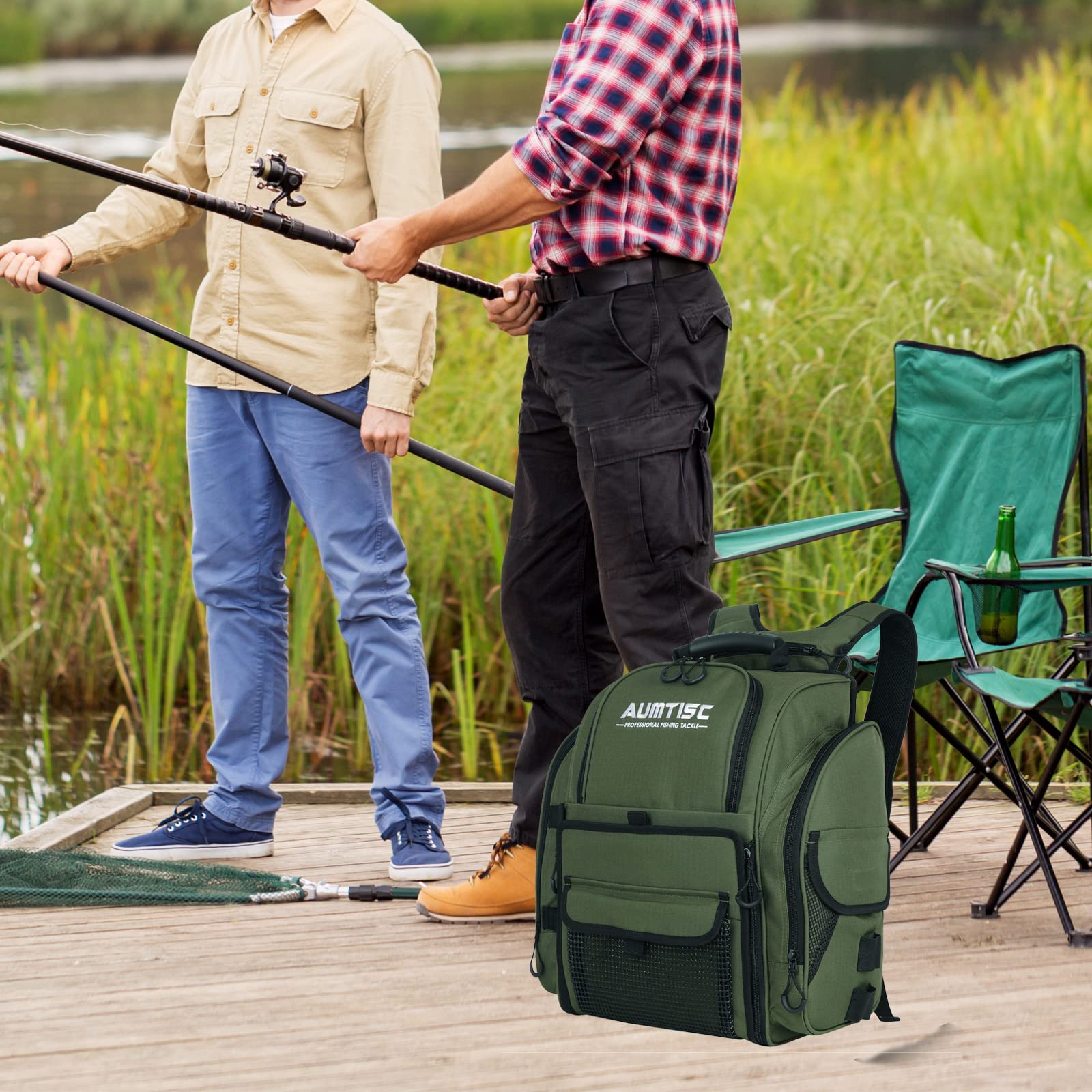 AUMTISC Fishing Tackle Backpack with 4 Tackle Boxes, Rod Holder, Protective Rain Cover, Waterproof Large Fishing Tackle Gear Bag for Fishing, Camping, Hiking (Black, Green, Camouflage)
