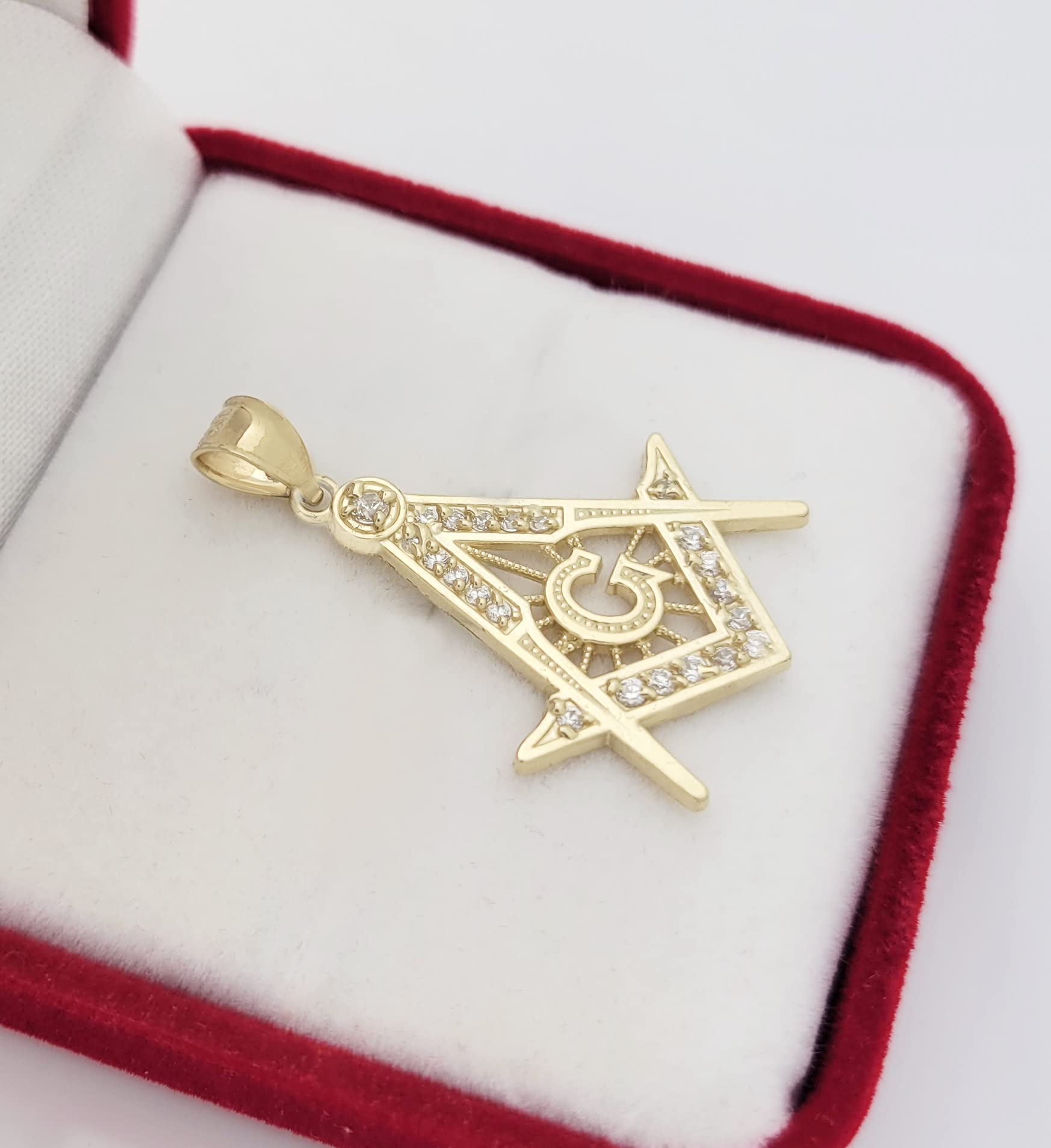 AMZ Jewelry 10K Yellow Solid Gold Masonic Pendant Freemason Necklace Pendant CZ Masonic Charm
