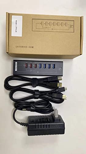 LATORICE Powered USB Hub - Multi-Port USB Hub with 7 USB 3.0 Ports, 3 Fast Charging USB 3 0 Ports, with Cords C and A, Power USB HUB Adapter
