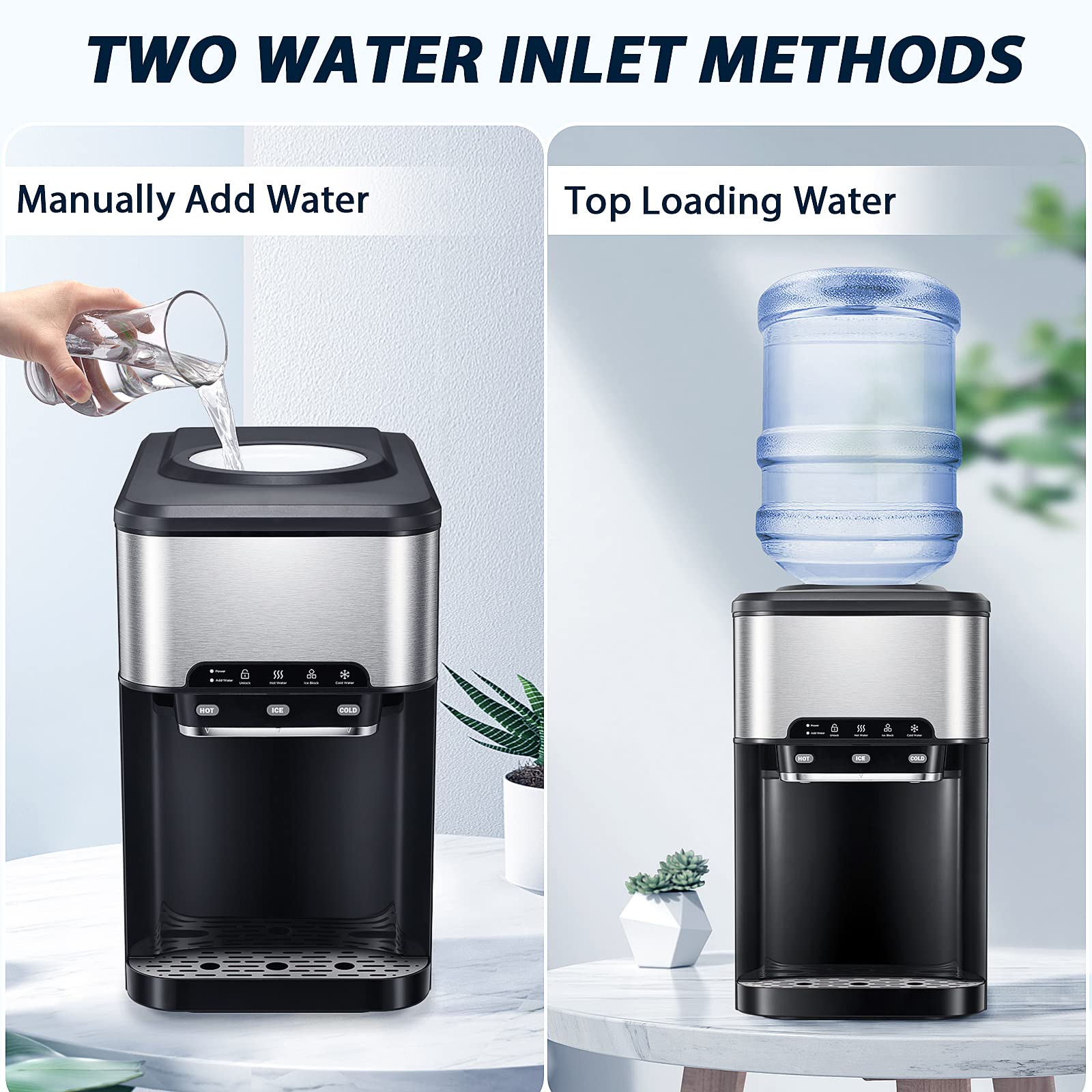 Antarctic Star 3-in-1 Water Cooler Dispense, Built-in Ice Maker, 3 Temperature Settings - Hot, Cold & Ice Holds 3-5 Gallon Bottles for Home, Kitchen,School, Office, ETL(Stainless Steel)