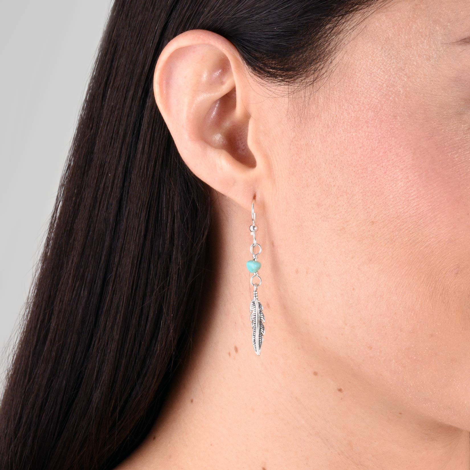 American West Sterling Silver Women's Dangle Earrings Green Turquoise Gemstone Feather Design