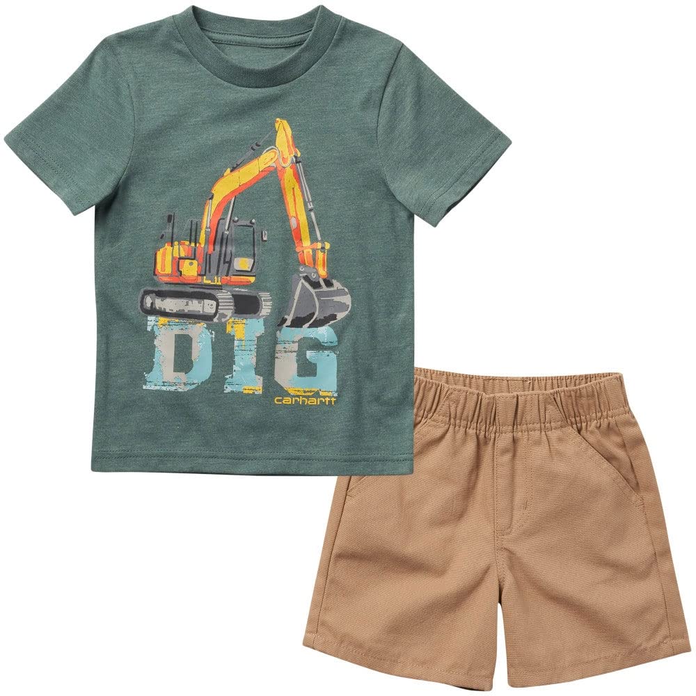 Carhartt baby boys Short-sleeve Dig T-shirt & Canvas Shorts Set Rompers, Dark Khaki, 12 Months US