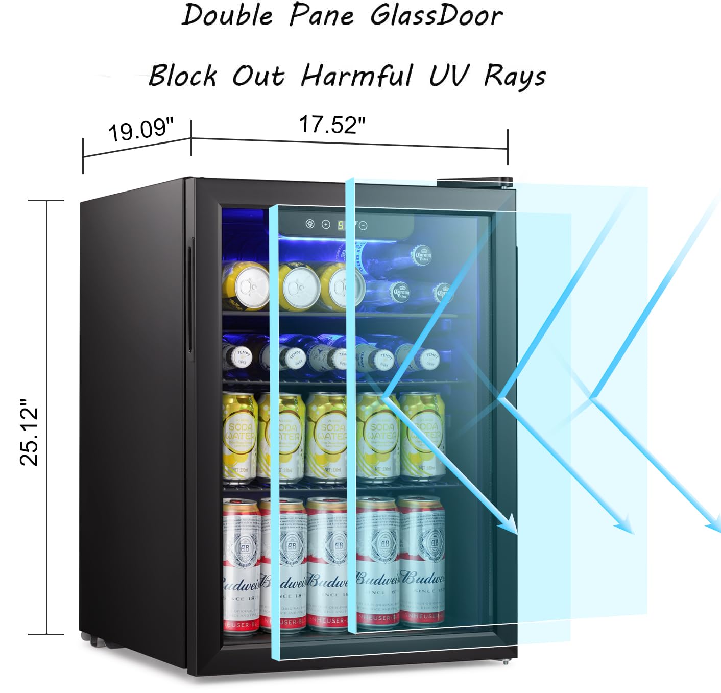 Antarctic Star Beverage Refrigerator Cooler-85 Can Mini Fridge Glass Door for Soda Beer Wine Stainless Steel Glass Door Small Drink Dispenser Digital Display for Home, Office Bar,2.4cu.ft