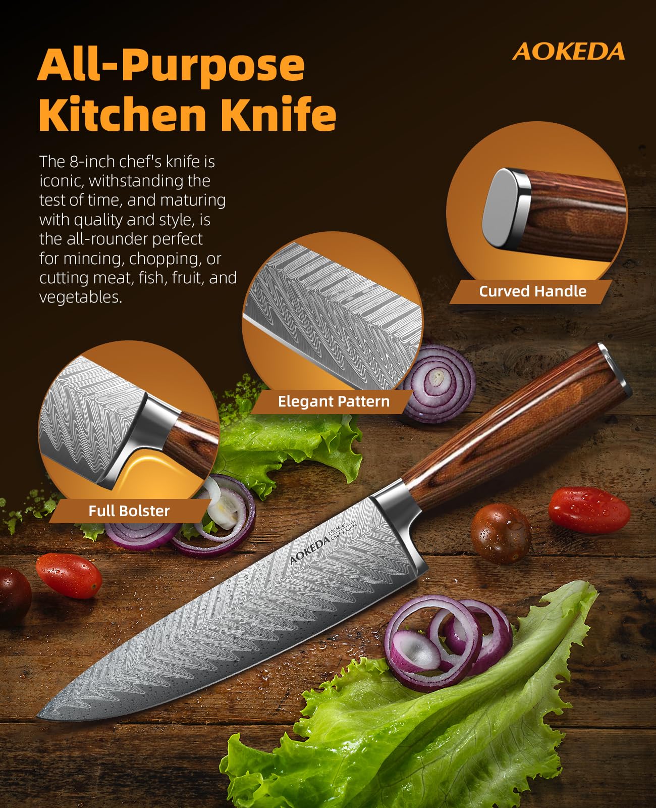 AOKEDA Chef Knife, 8 Inch Professional Kitchen Knife Made of German High Carbon Stainless Steel with Ergonomic Handle