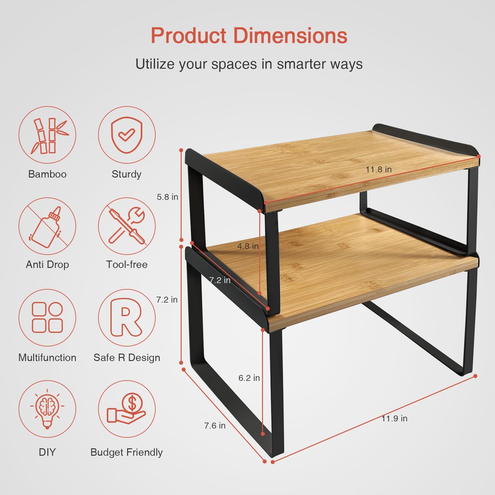 Goozii Kitchen Cabinet Organizer Shelves Set of 4, Expandable Counter Shelf Rack for Plate Dish Cup Mug Spice, Stackable Shelf Riser for Pantry Cupboard Desk Top Corner Storage (Bamboo, Black)