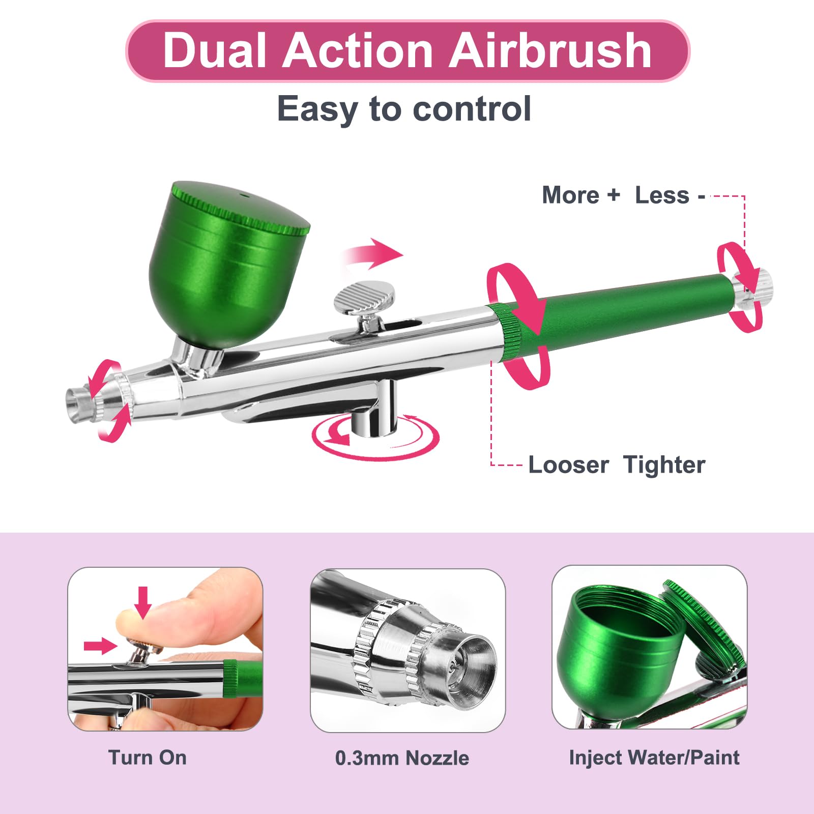 Airbrush Kit with Compressor, Auto Handheld Airbrush Gun with 0.3mm Tip (Mint Green)