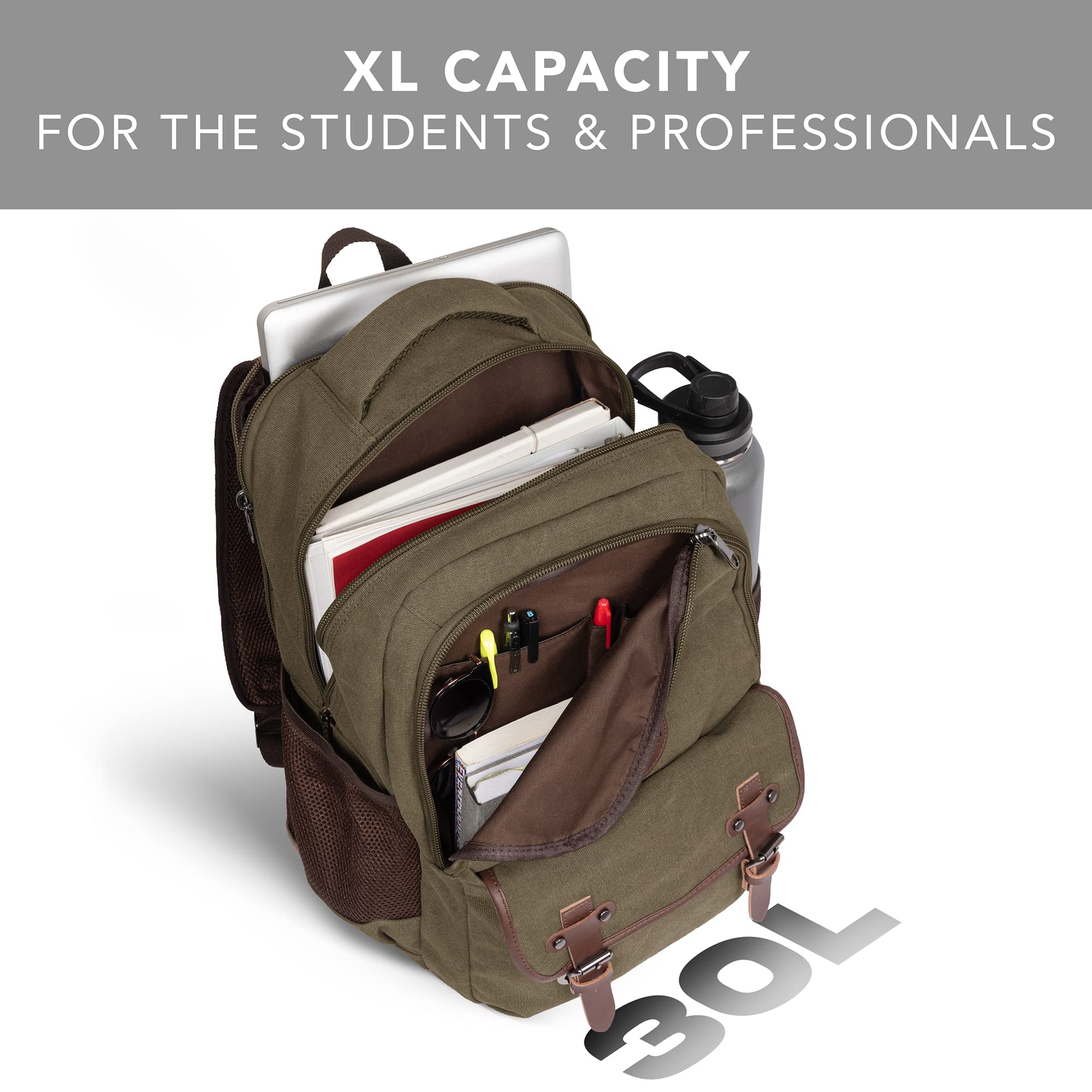 Ama Dablam Canvas Backpack | 18” Laptop Pocket | XL Size - 30L | Many Pockets | Durable Zippers (Olive)
