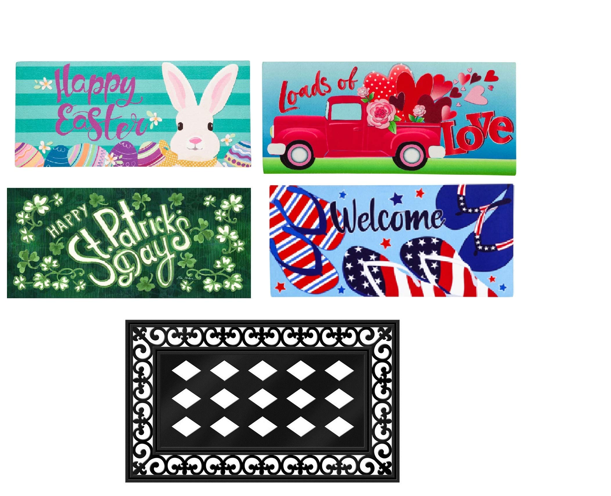 Evergreen Sassafras Bundle - Set of 5 Holidays Interchangeable Entrance Doormats | Indoor and Outdoor |22-in x 10-in doormats and 30-in x 18-in Tray | Non-Slip Backing | Low Profile | Home Décor