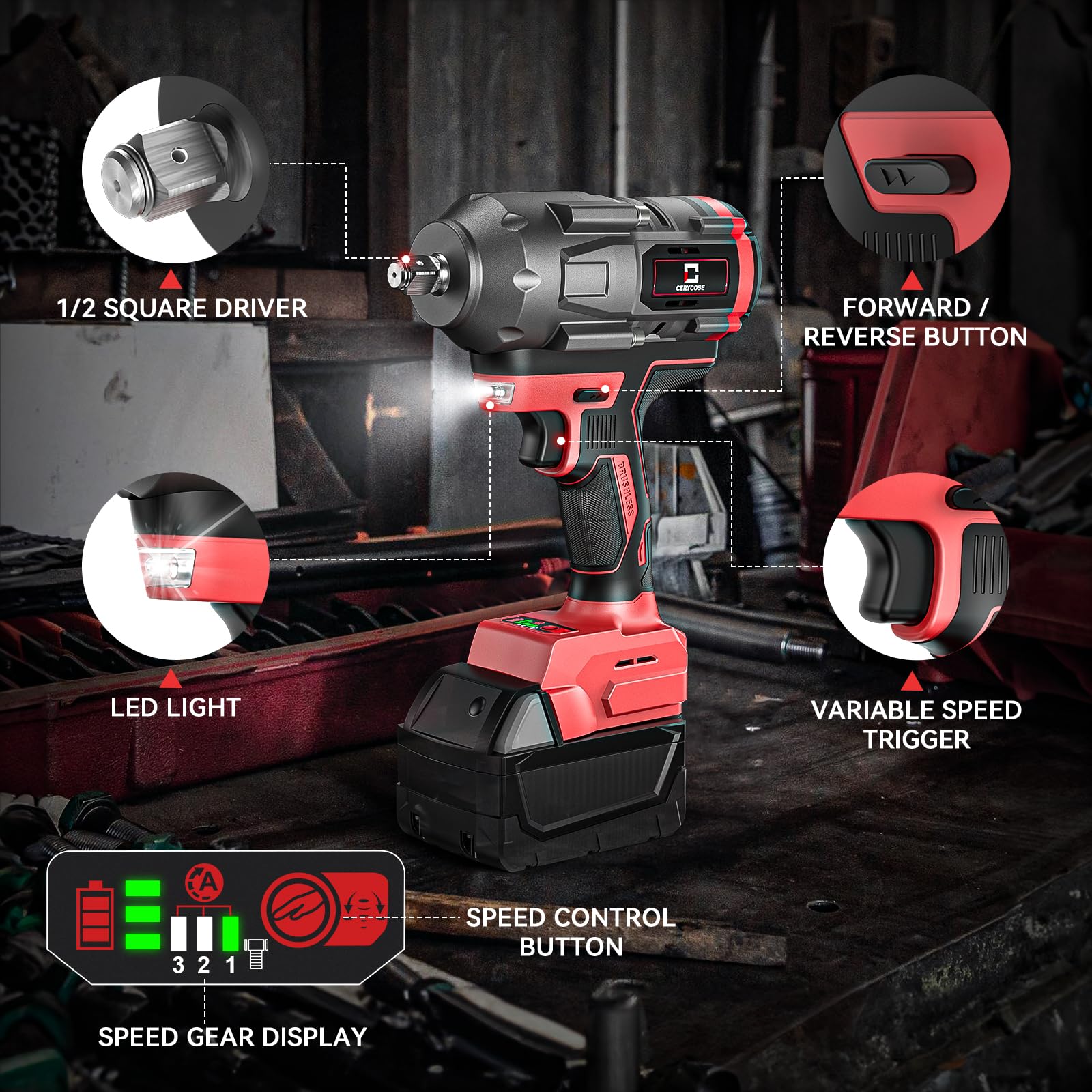 Cerycose Cordless Impact Wrench 1/2 inch for Milwaukee 18V Battery, 900Ft-lbs (1200N.m) Brushless High Torque Impact Gun (No Battery)