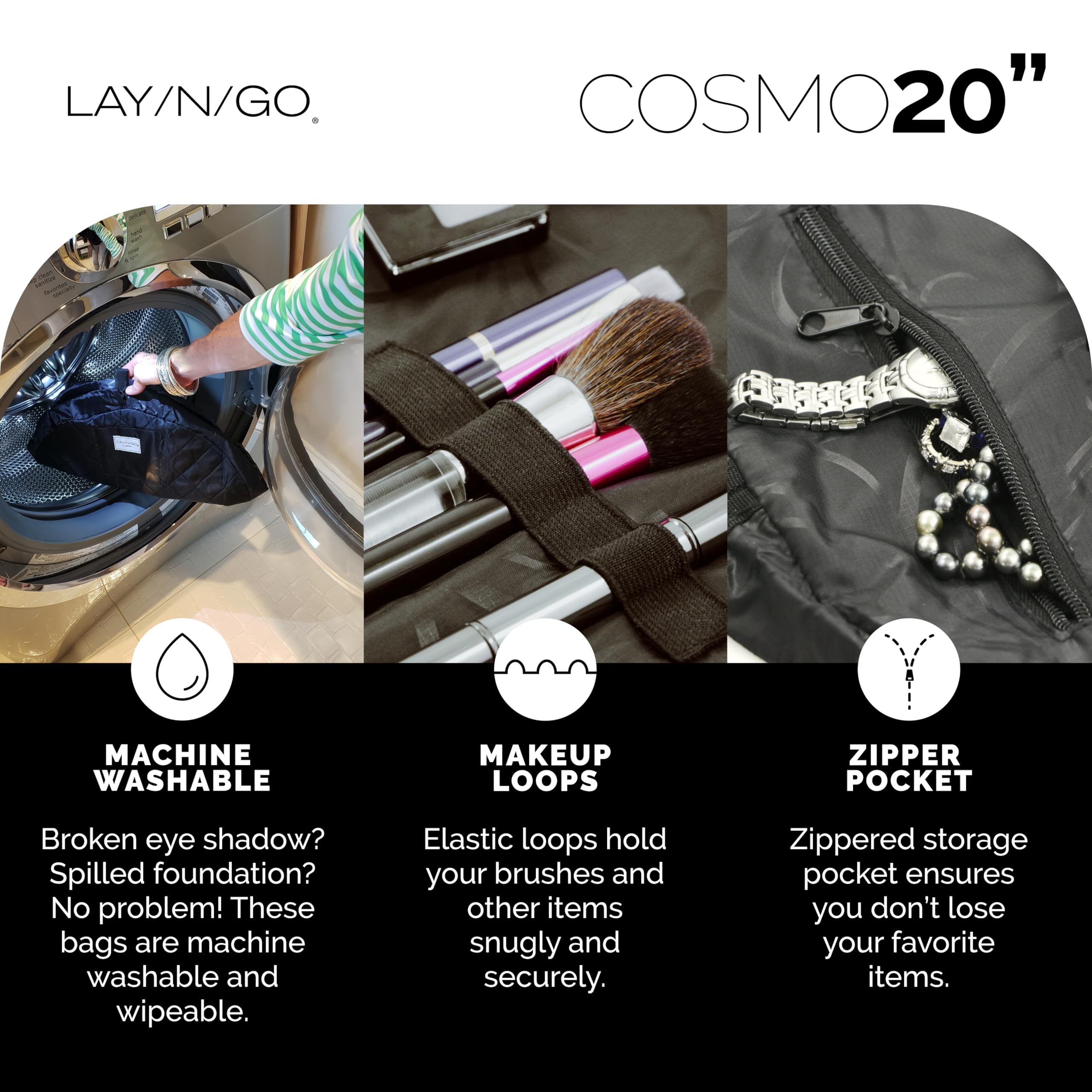 Lay-n-Go Cosmo Drawstring Cosmetic & Makeup Bag Organizer - Portable Drawstring Makeup Bag w/Zipper Pocket, Makeup Loops & More - Durable, Machine Washable Makeup Bag for Travel (20β, Black)