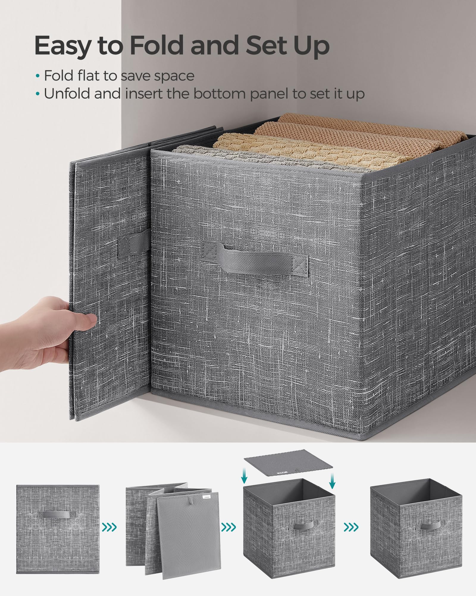 SONGMICS Storage Cubes, 13-Inch Non-Woven Fabric Bins with Double Handles, Set of 8, Closet Organizers for Shelves, Foldable, for Clothes, Cattail Gray UROB833G01