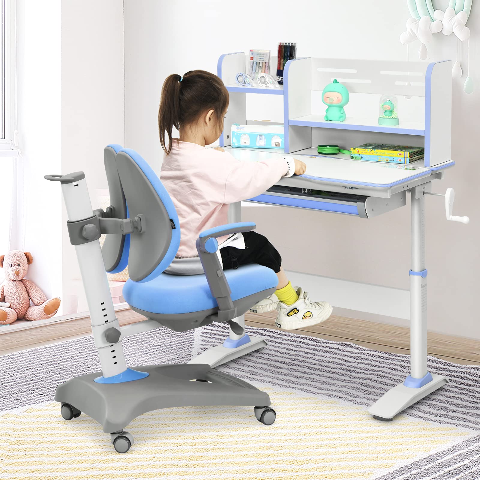 Costzon Kids Desk, Height Adjustable Children Study Desk w/Tilt Desktop, Storage Drawer, Book Shelf, Metal Hook, Writable Tabletop for Writing, Painting, Reading, Multifunctional Student Desk, Blue