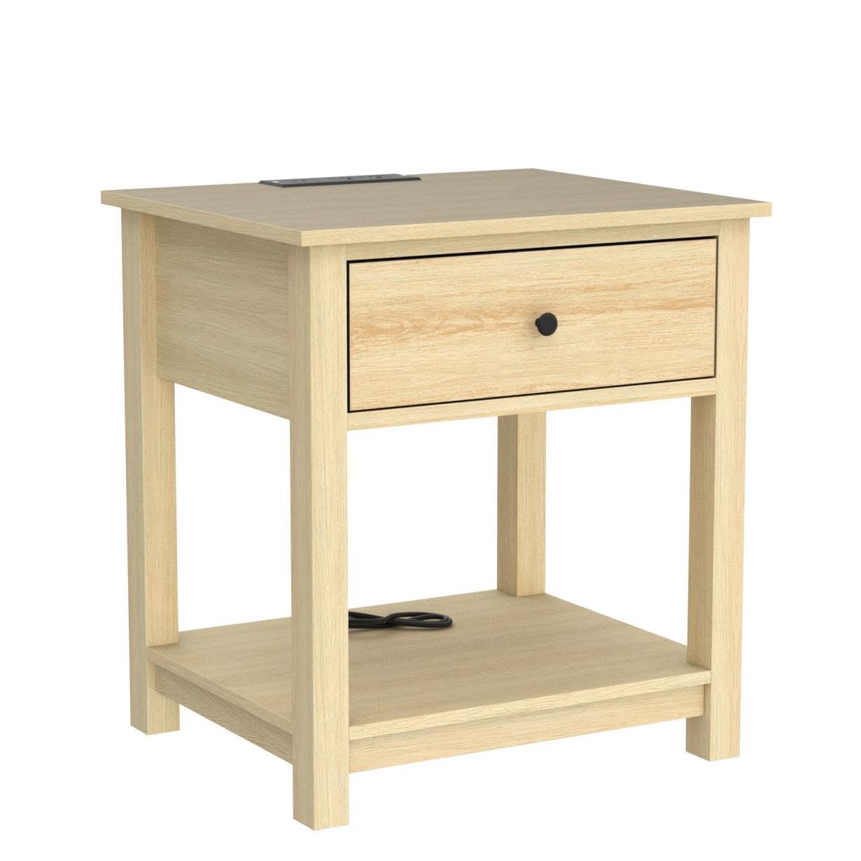 APOC HOME Side Table with Charging Station - Smart Nightstand with Drawer, Shelf, USB Ports & Outlets - 22" Tall (White Oak)