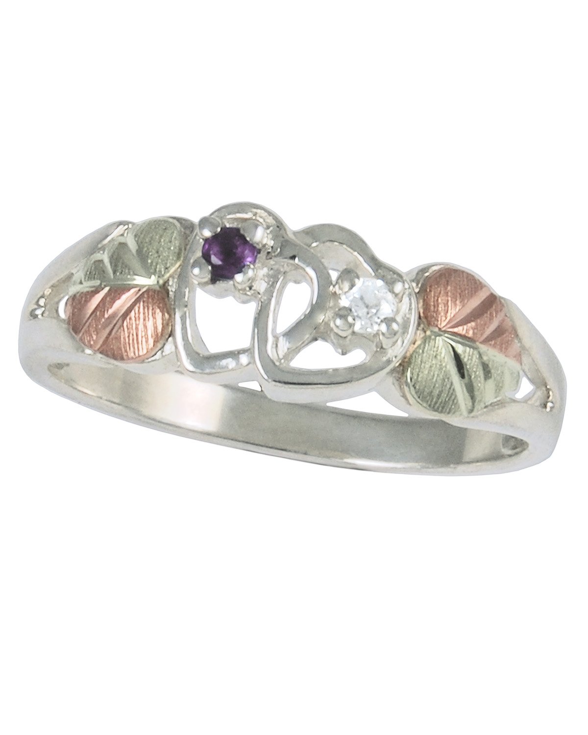Amethyst and Diamond Double Hearts Ring, Sterling Silver, 12k Green and Rose Gold Black Hills Gold Motif, Size 7.25