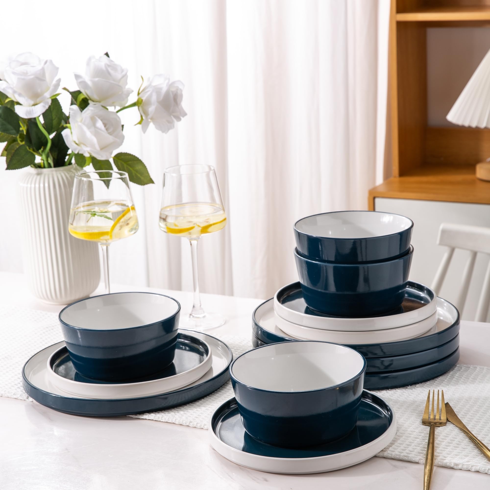 AmorArc Ceramic Dinnerware Sets for 4,12 -Piece Double Color Stoneware Plates and Bowls Set,Chip and Crack Resistant | Dishwasher & Microwave Safe Dishes Set,Service for 4 -White &Gray