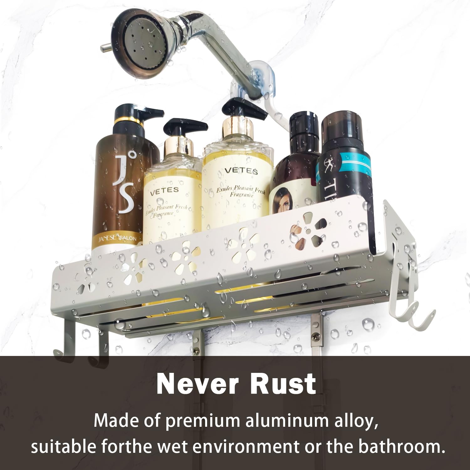 Baolihua Shower Caddy Hanging - Aluminum Showers Organizer Will Never Rust- Shower Shelf Basket Can Be Moved from Side to Side- Shower Rack with 8 Removable Hooks, 6 Fixed Hooks and Soap Holder-Silver