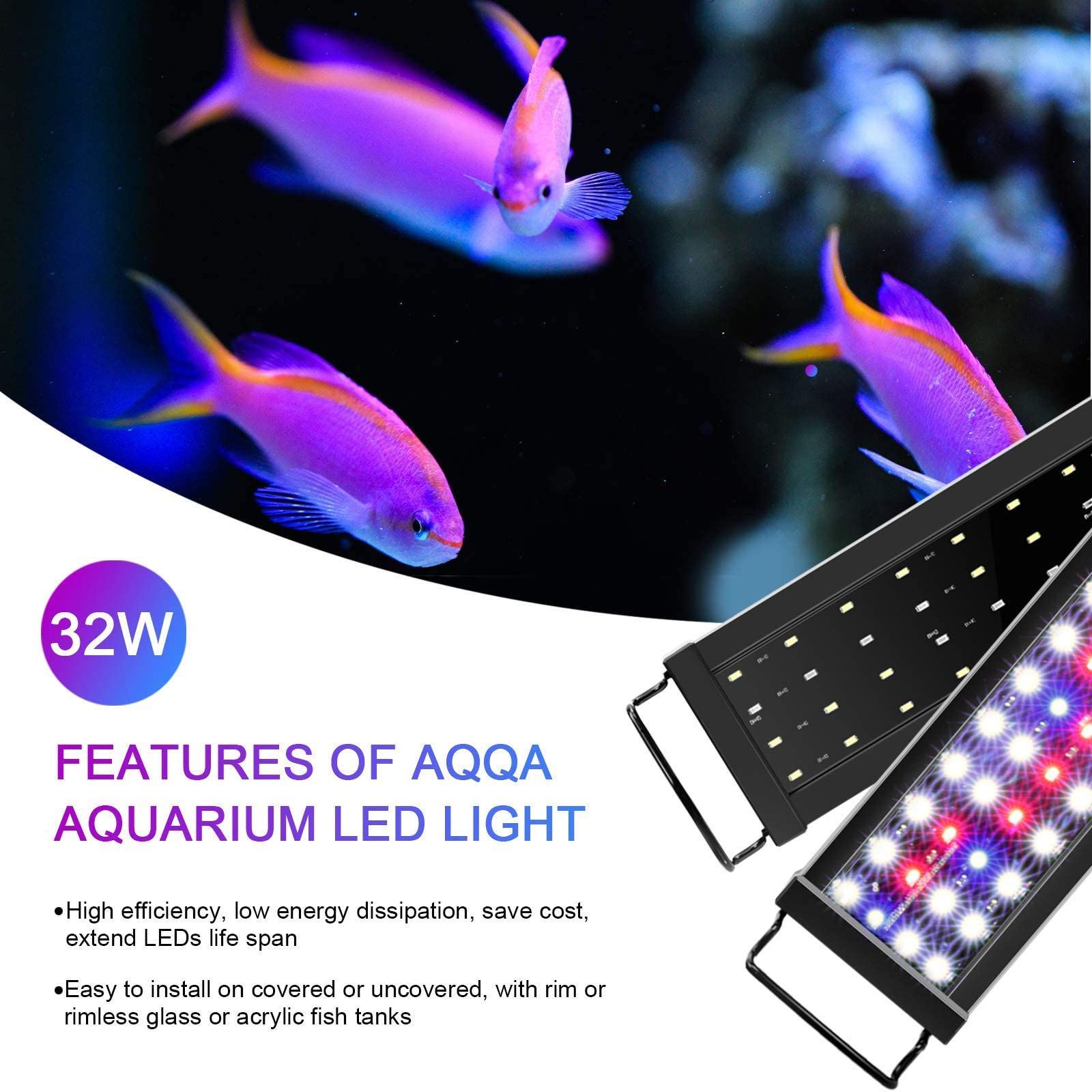 AQQA Aquarium Lights,Fish Tank LED Light with Extendable Brackets,Waterproof Full Spectrum Blue Red White LEDs with External Timer Controller for Freshwater Planted 11W(12"-18")