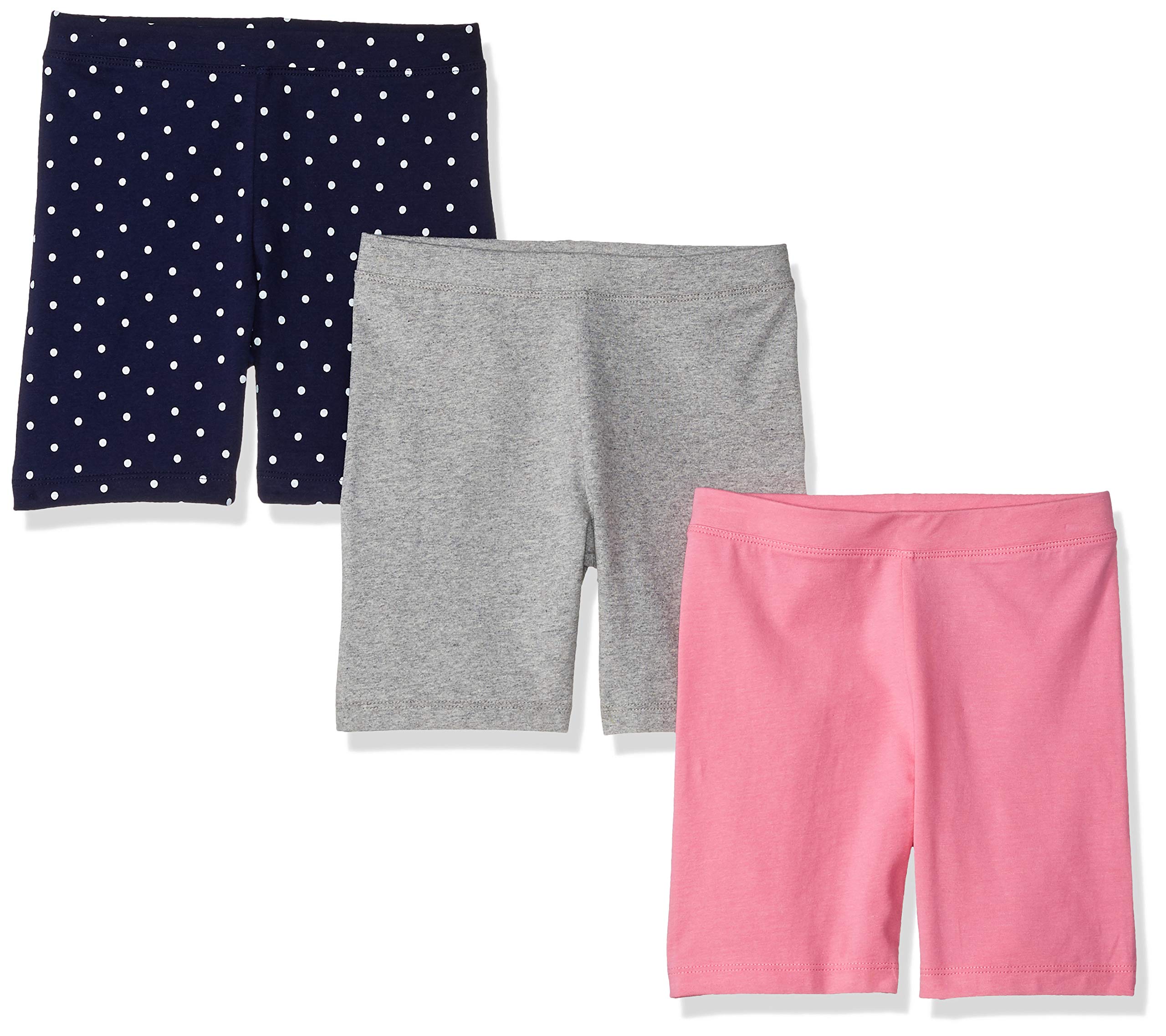 Amazon Essentials Girls' Bike Shorts (Previously Spotted Zebra), Pack of 3, Grey/Navy Dots/Pink, Small