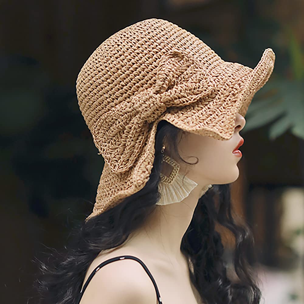 Foldable Wide Brim Floppy Straw Beach Sun Hat,Summer Cap with Bowknot for Women Girls,Strap Adjustable (2 Pack Beige & Khaki)