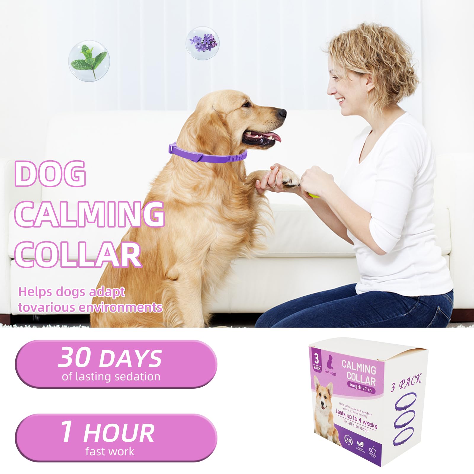 Calming Collar for Dogs 3 Packs Pheromone Collars Appeasing Dog Separation Anxiety Relief Stress 30 Days Calm Pheromones Relax Breakaway Design Adjustable Size Fit Medium Large Small Puppy (Purple)